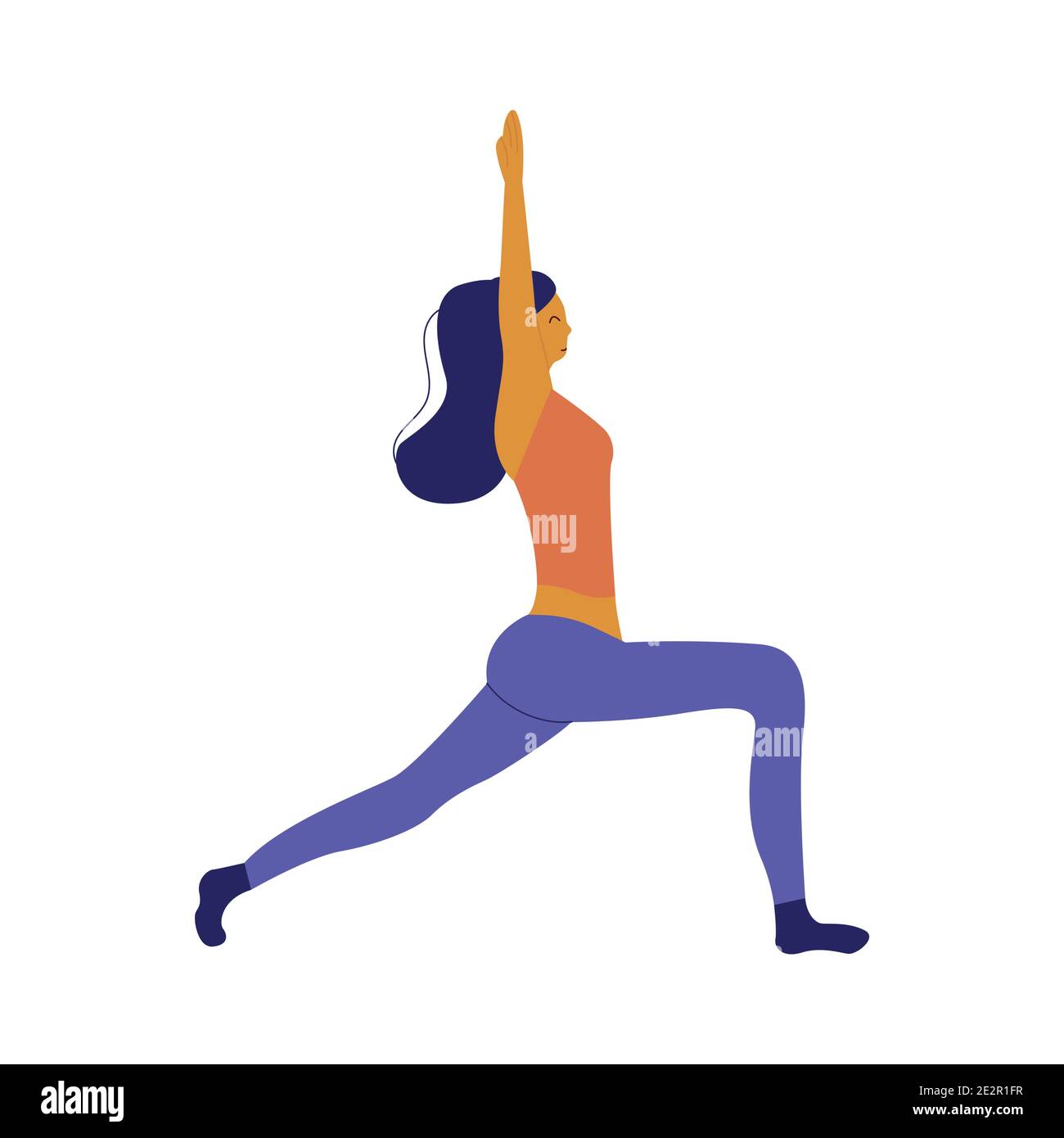 Girl is engaged in yoga in a lunge position on one leg and raising her ...