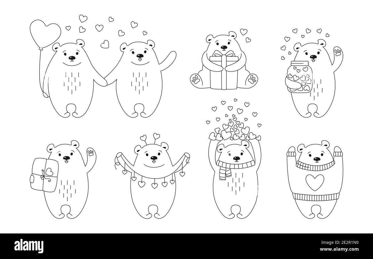 Polar bear cartoon line set for greeting card Valentines Day. Hand ...