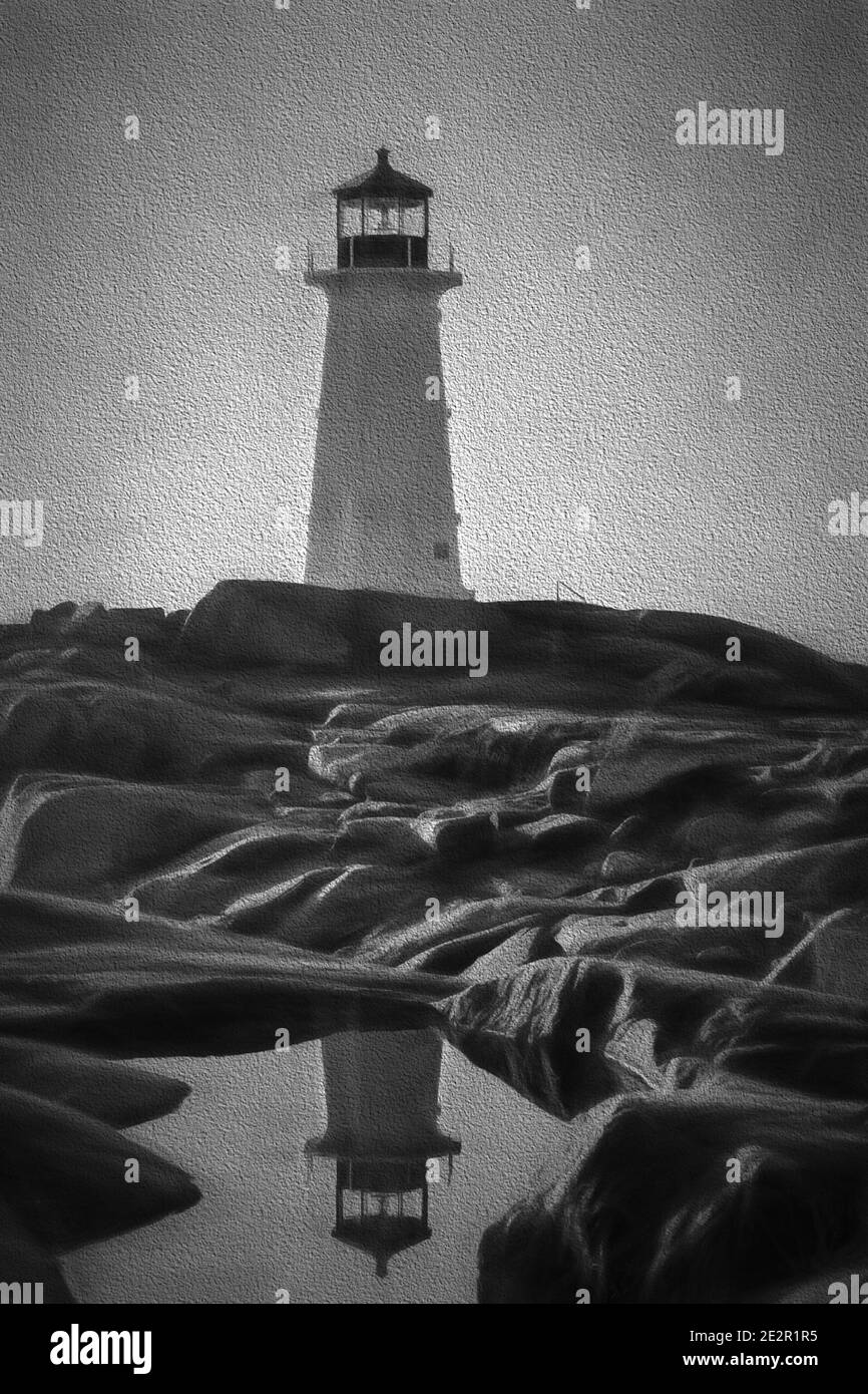 Vertical grayscale shot of an artistic scene of a lighthouse at Peggys ...