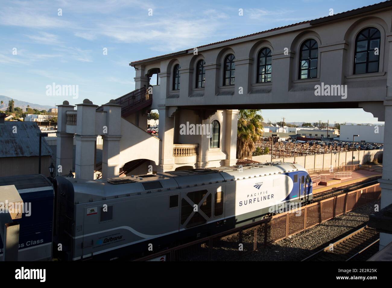 Santa Ana, California, USA - January 10, 2021: A train enters the Santa ...