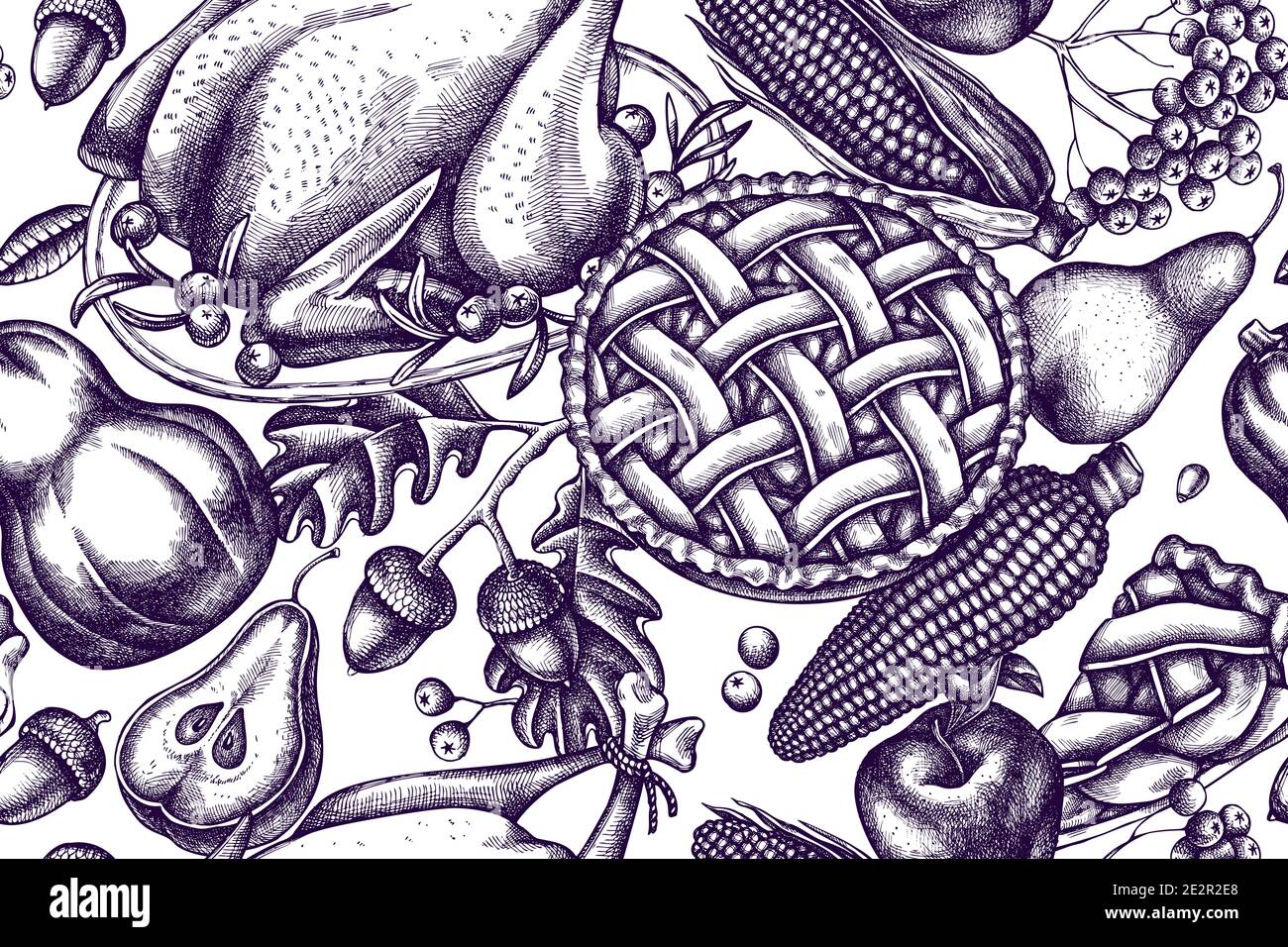Artistic seamless pattern with pumpkin, fork, knife, pears, turkey ...