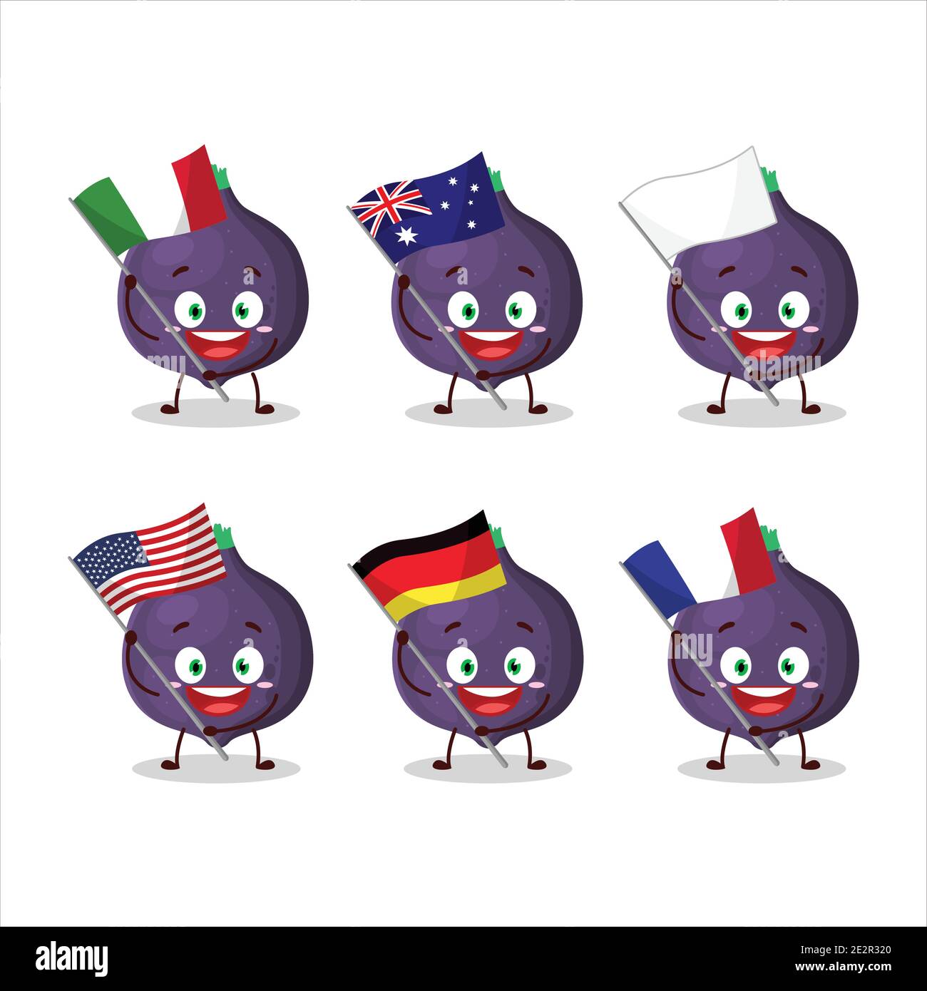 Fig cartoon character bring the flags of various countries. Vector ...