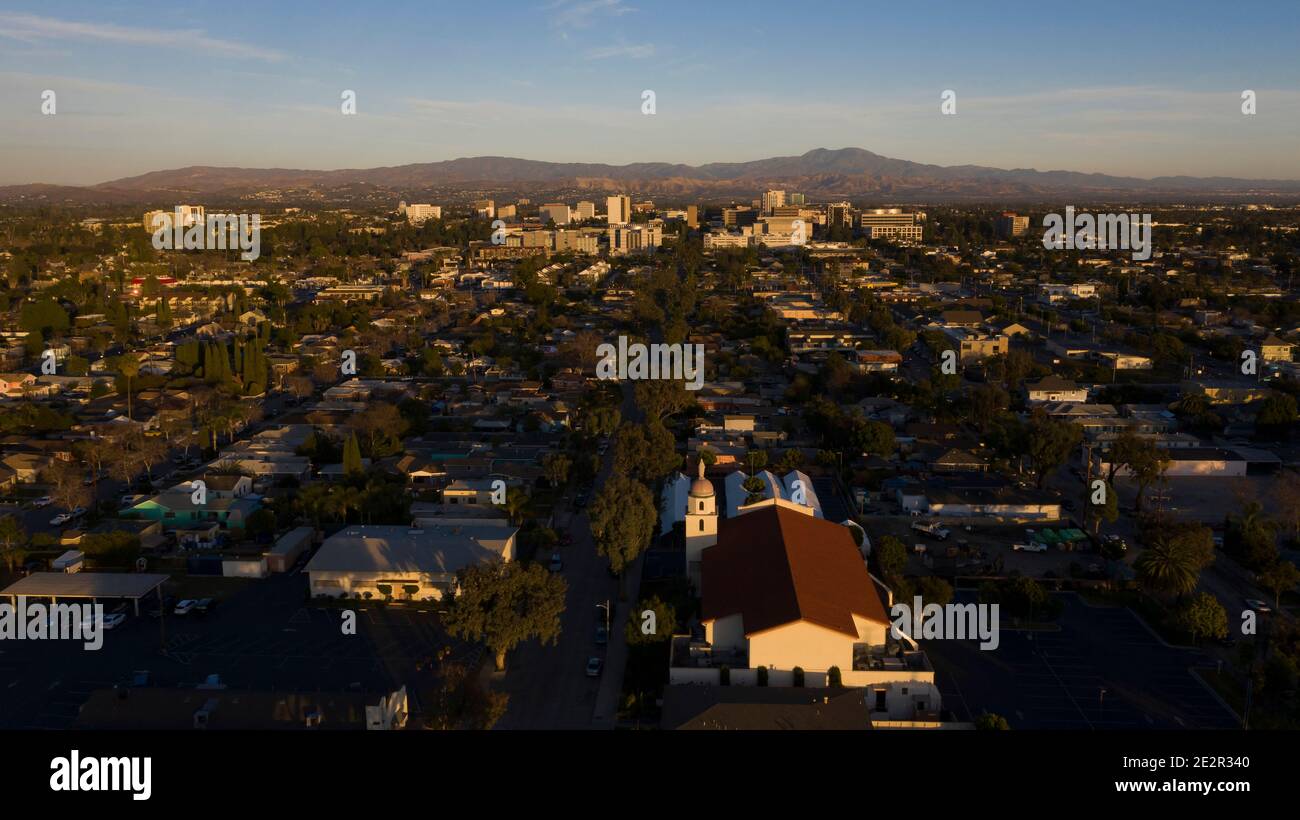 Sunset aerial view of the downtown skyline of Santa Ana, California ...