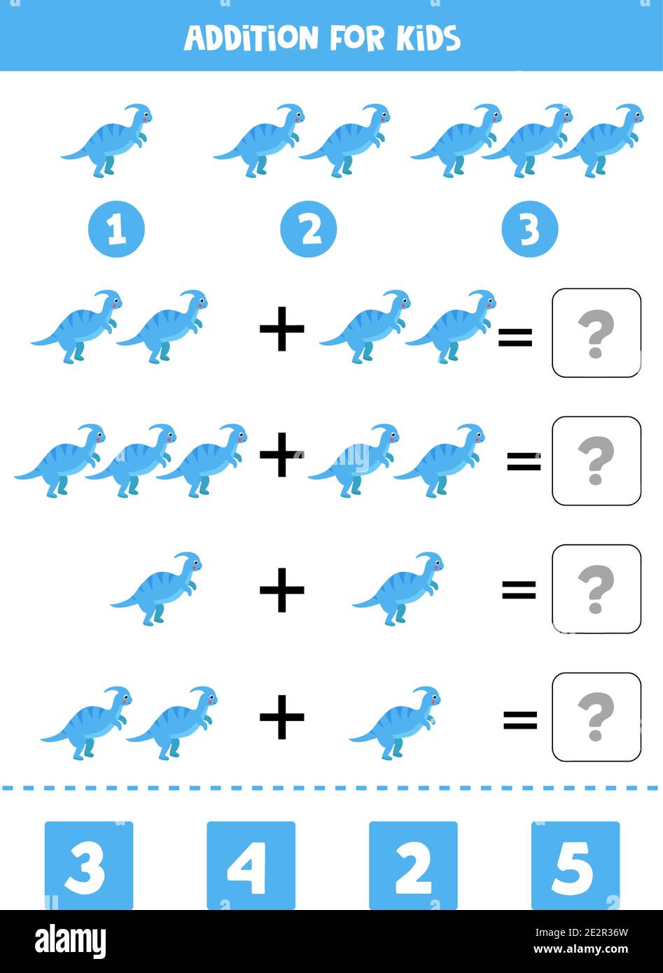 Addition worksheet with dinosaur Parasaurolophus. Math game Stock ...