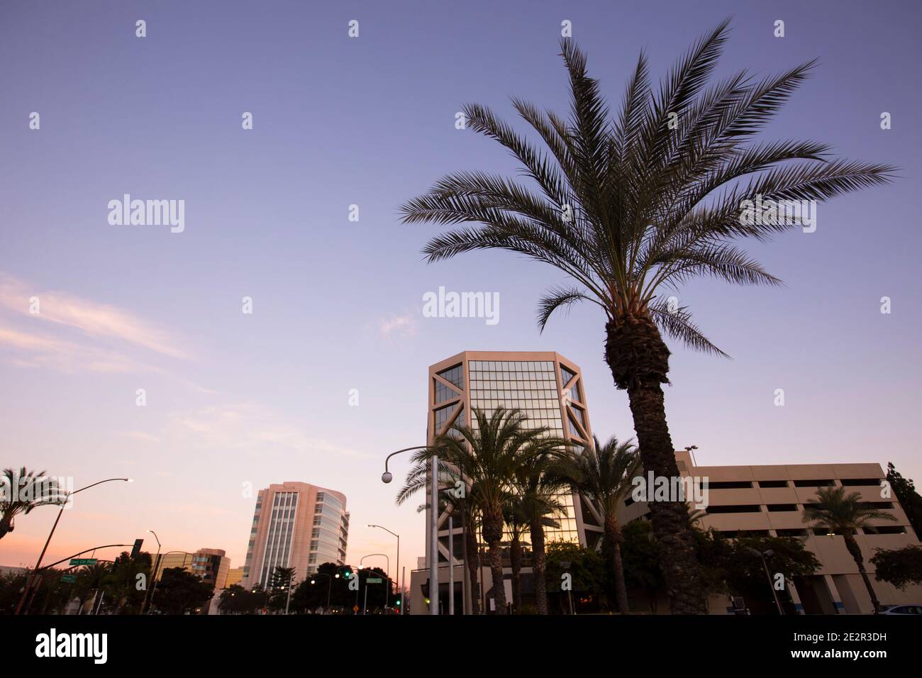 Sunset view of the downtown skyline of Santa Ana, California, USA Stock ...