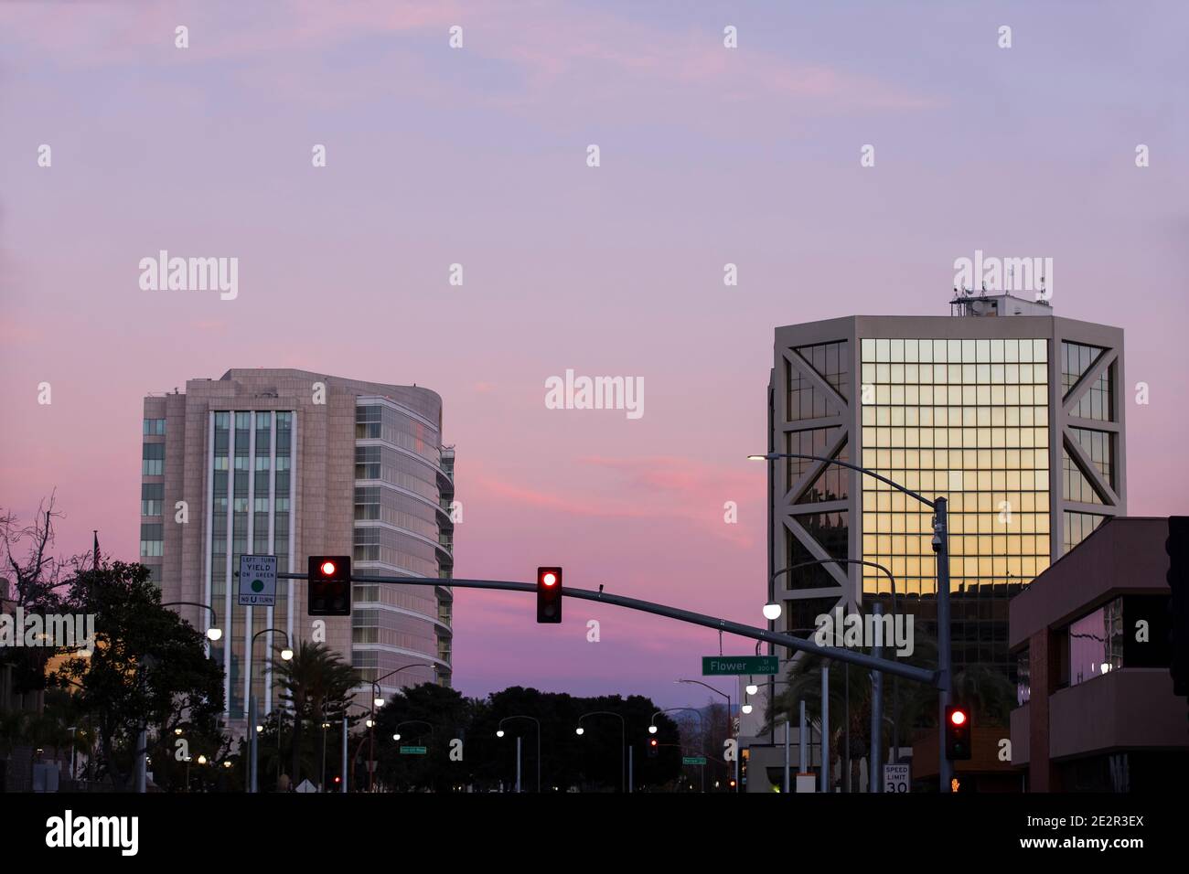 Sunset view of the downtown skyline of Santa Ana, California, USA Stock ...
