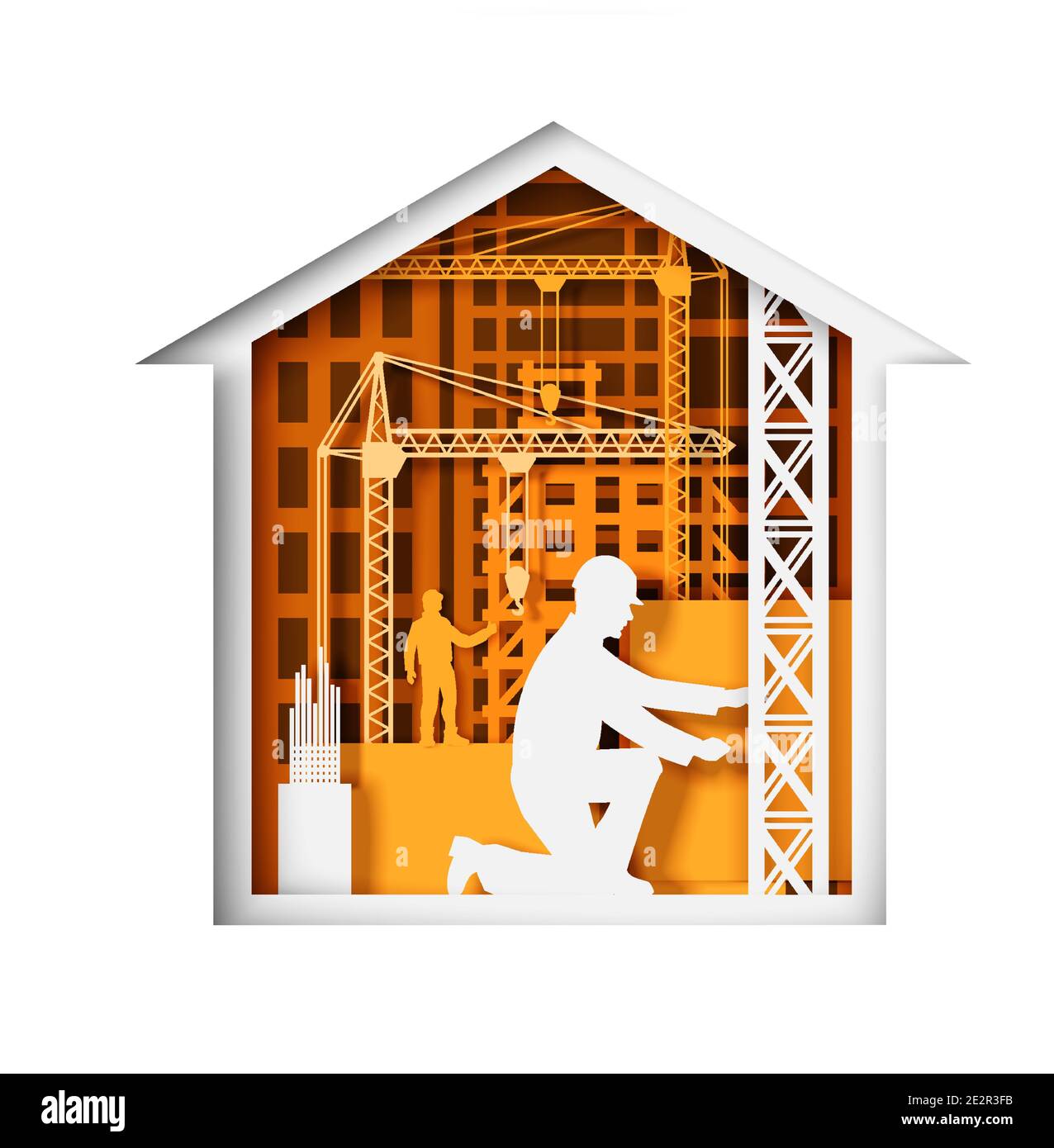 Paper cut craft style house with construction workers, tower cranes ... Paper cut craft style house with construction workers, tower cranes ...