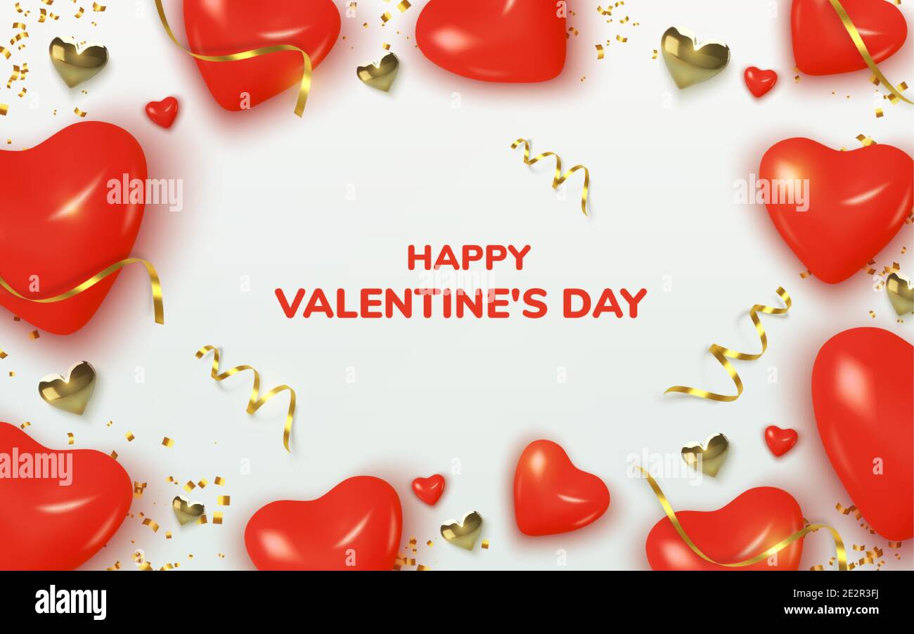 Valentines Day greeting card. Realistic 3d red hearts in tinsel and ...