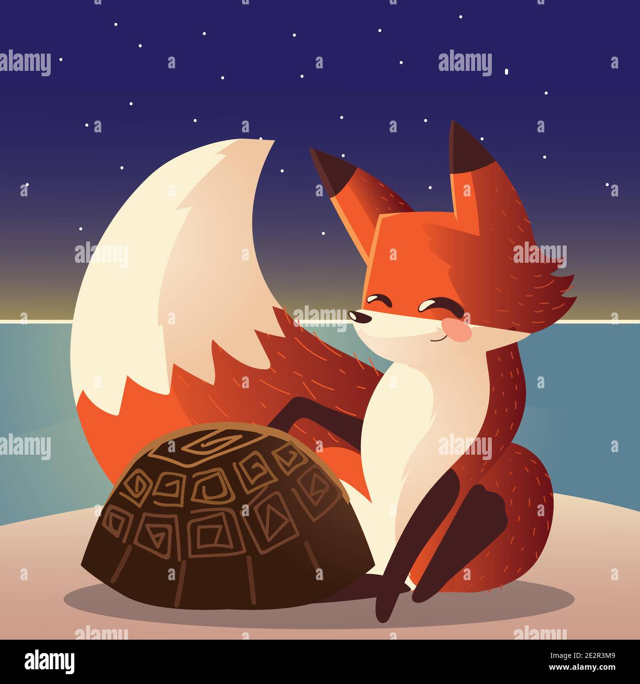 cute fox and turtle wild nature cartoon animal vector illustration ...