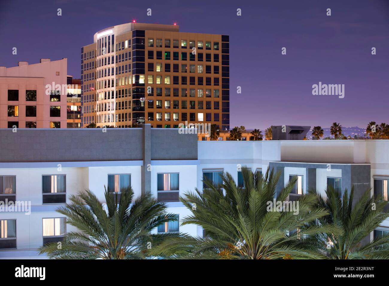Night time view of the skyline of downtown Santa Ana, California, USA ...