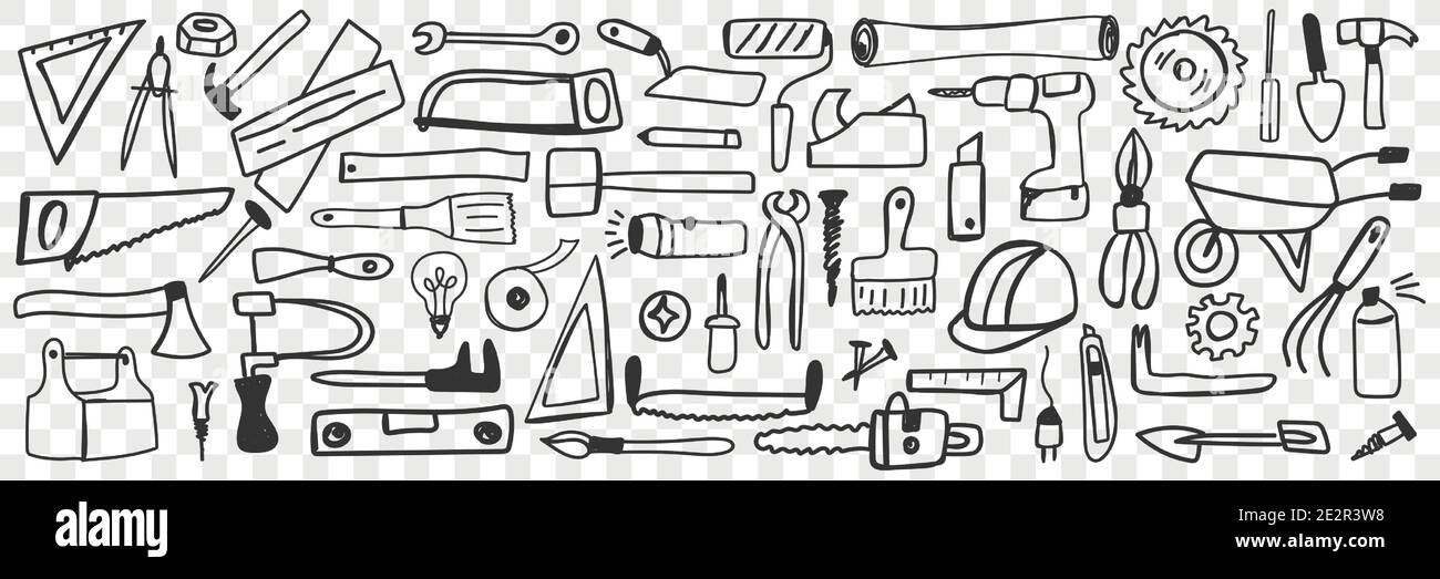 Various tools for repair doodle set. Collection of hand drawn drill ...