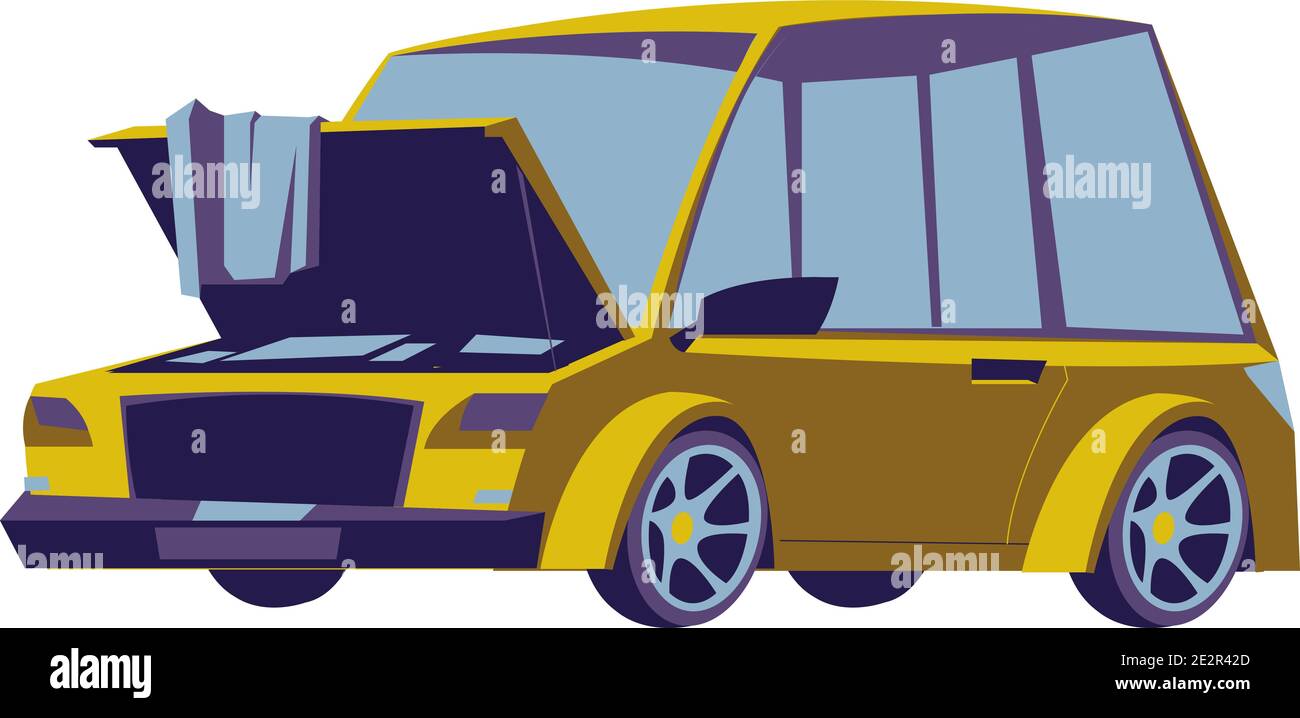 Old car sedan with open hood, cartoon isolated vector icon Stock Vector ...