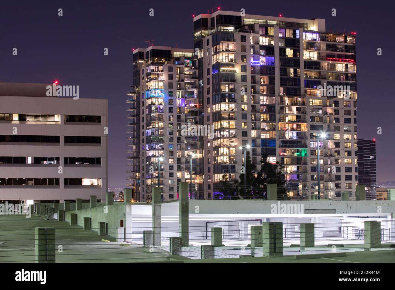 Night time view of the skyline of downtown Santa Ana, California, USA ...