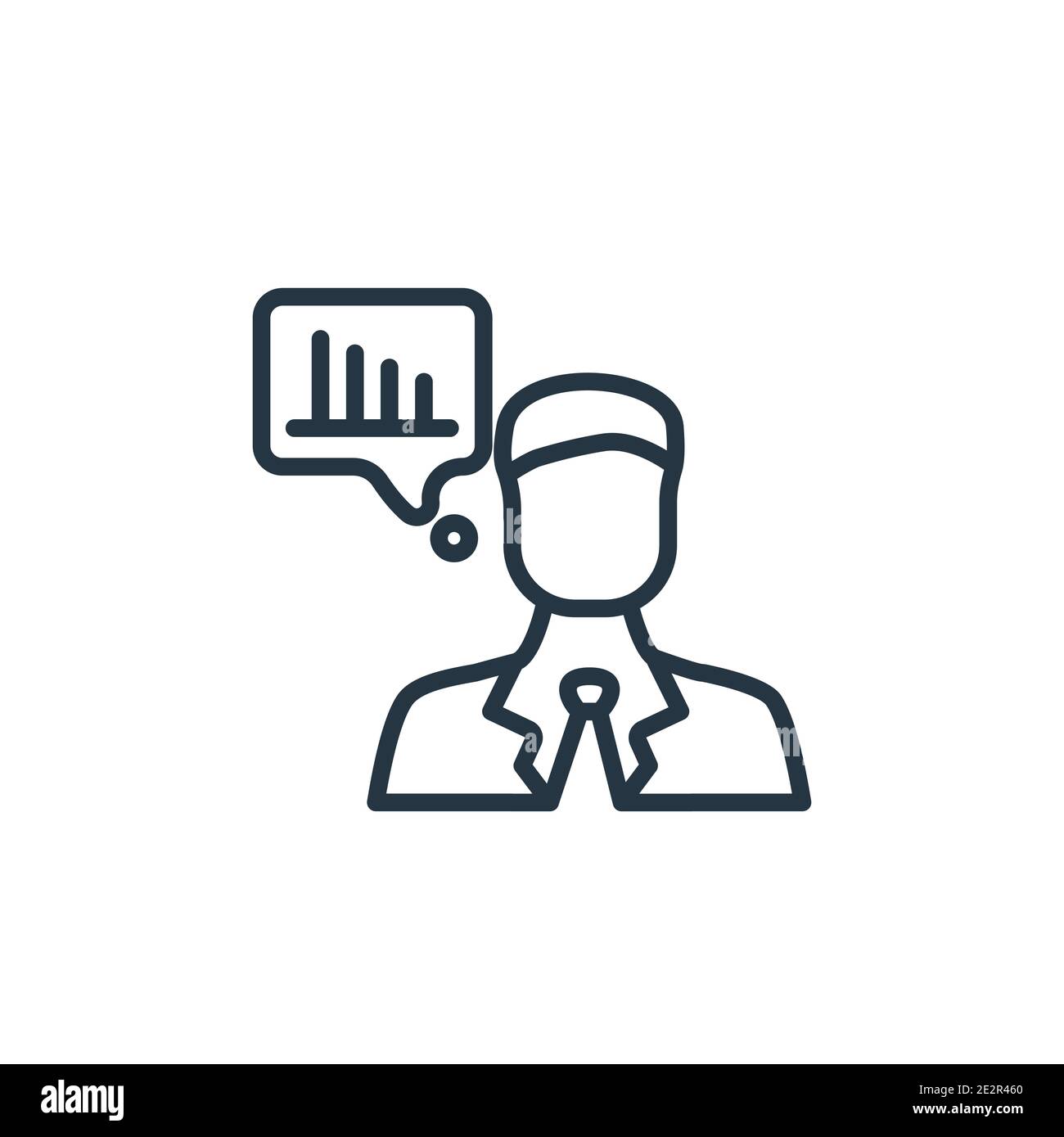 Businessman talking about data analysis outline vector icon. Thin line ... Businessman talking about data analysis outline vector icon. Thin line ...