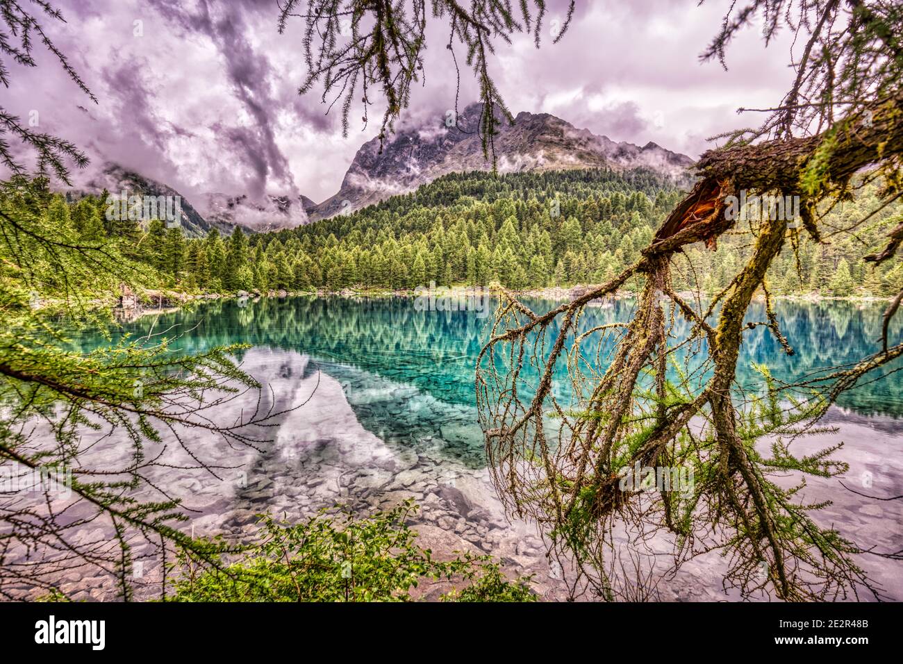 Beautiful reflections in swiss alps lake Lago di Saoseo, HDR Stock ...