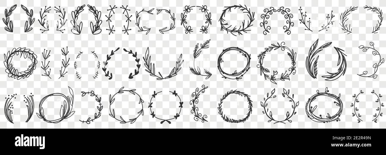 Floral decorative wreath doodle set. Collection of hand drawn wreath of ...