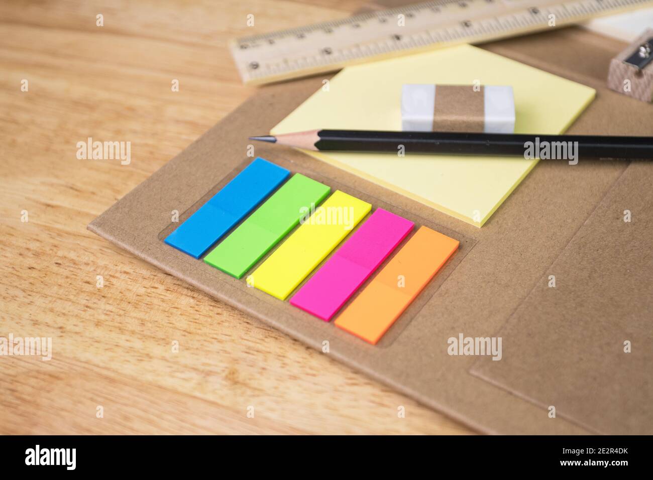 note paper colour and pencil eraser ruler background, selective focus ...