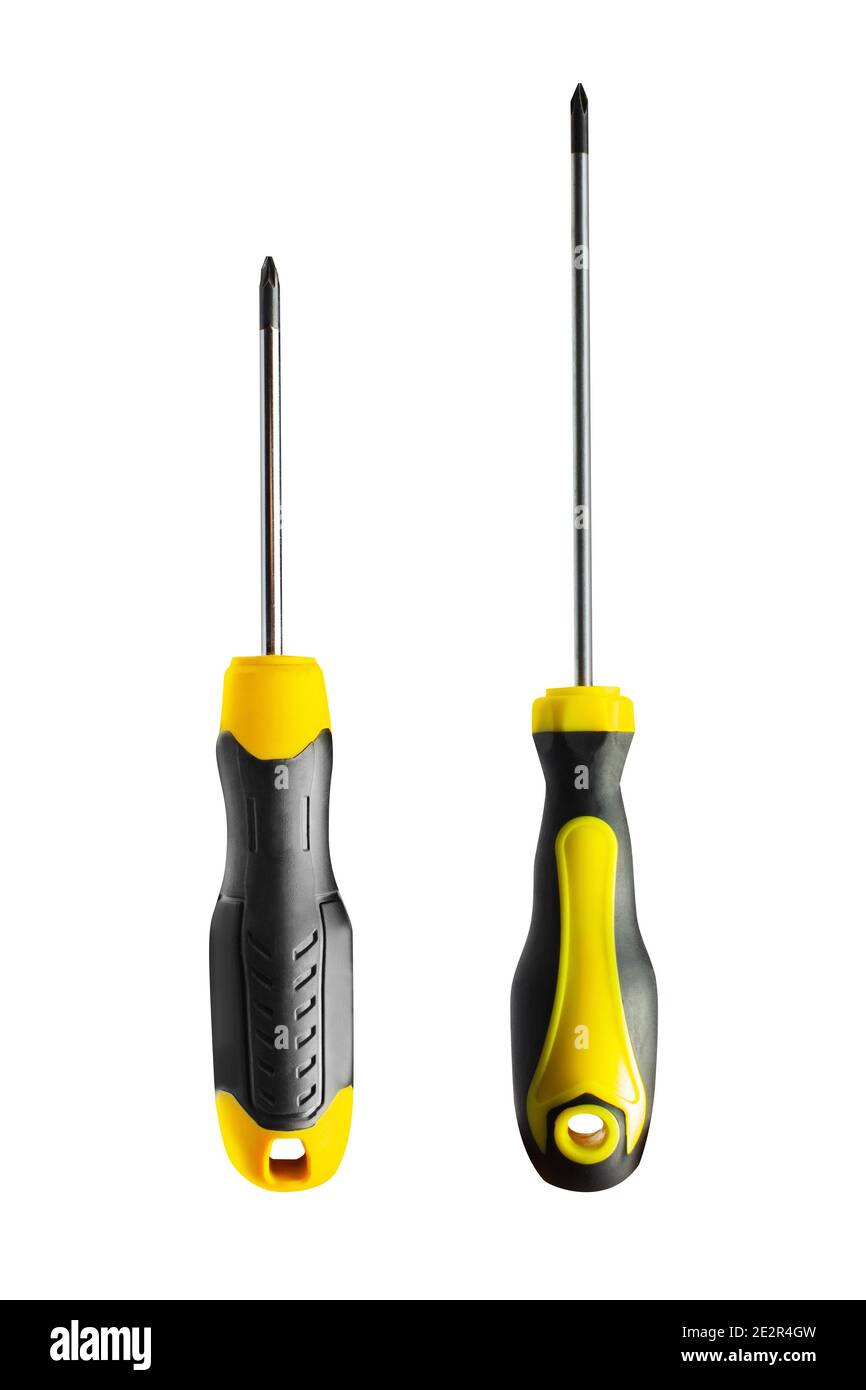 Isolated photo of yellow screwdriver work instruments on white ...