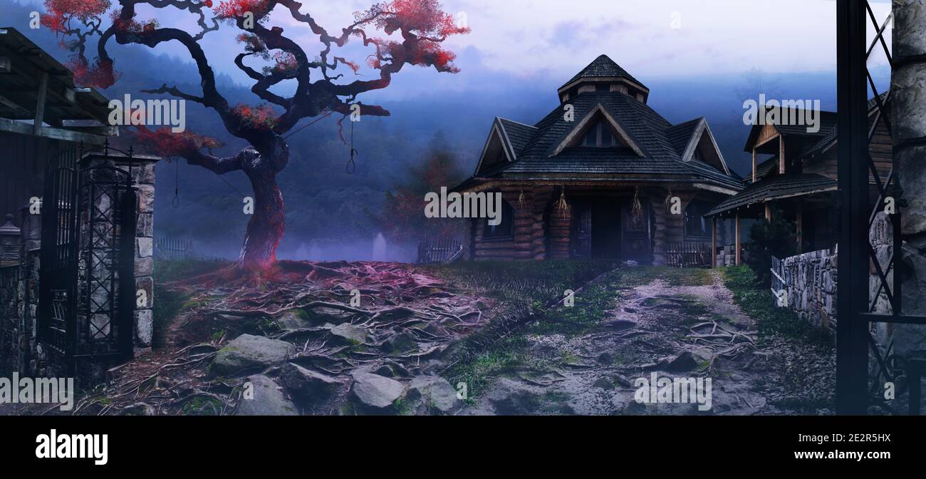 Horror background image of fantasy witch village on evening mountain ...