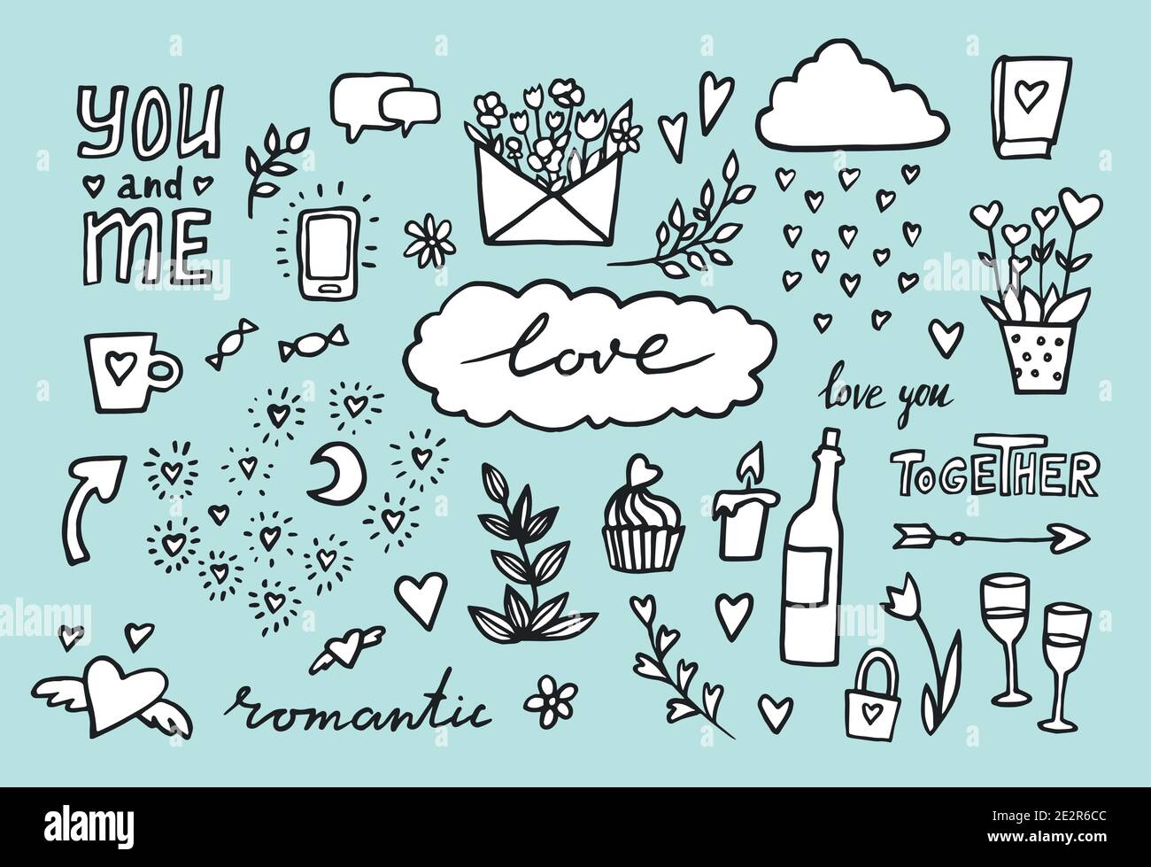 hand drawn romantic set of design elements. Vector illustration. doodle ...