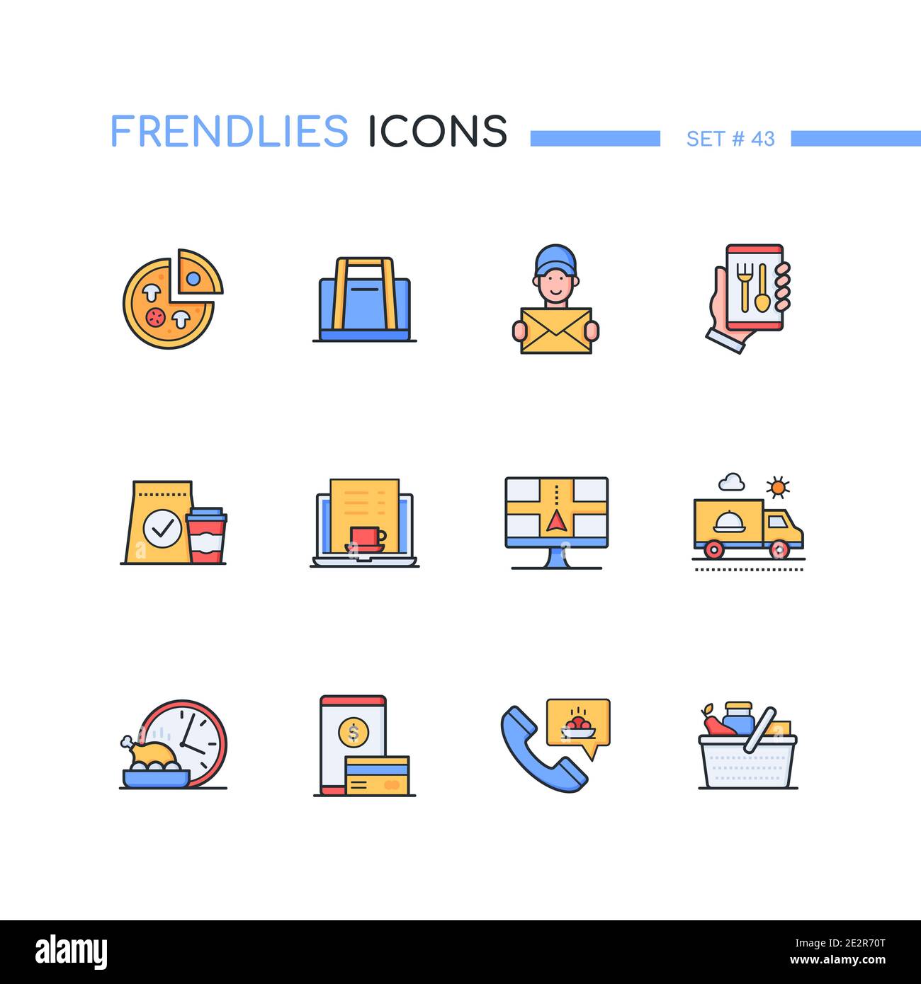 Food delivery - modern line design style icons set. Ordering pizza ...