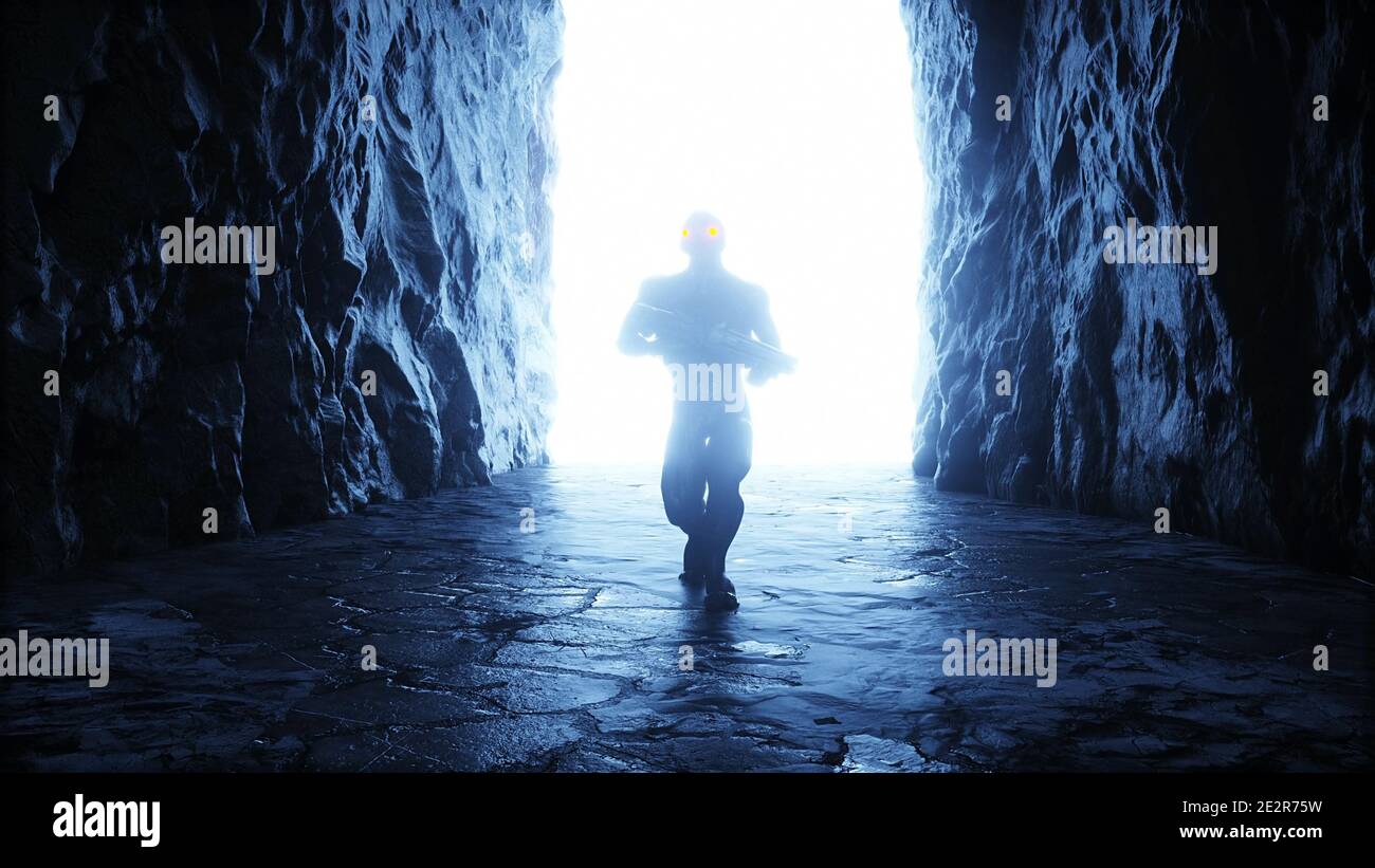 Alien, monster with gun in light portal. 3d rendering Stock Photo - Alamy