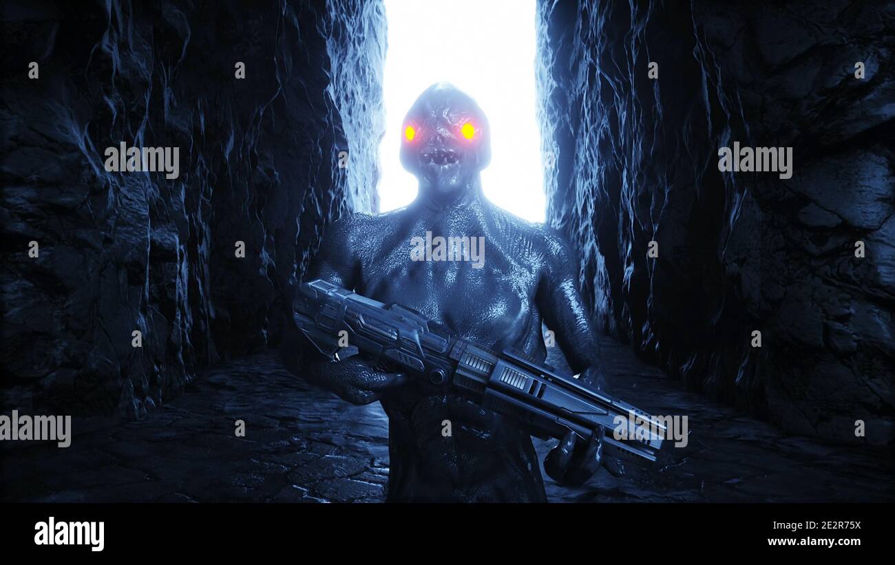 Alien, monster with gun in light portal. 3d rendering Stock Photo - Alamy