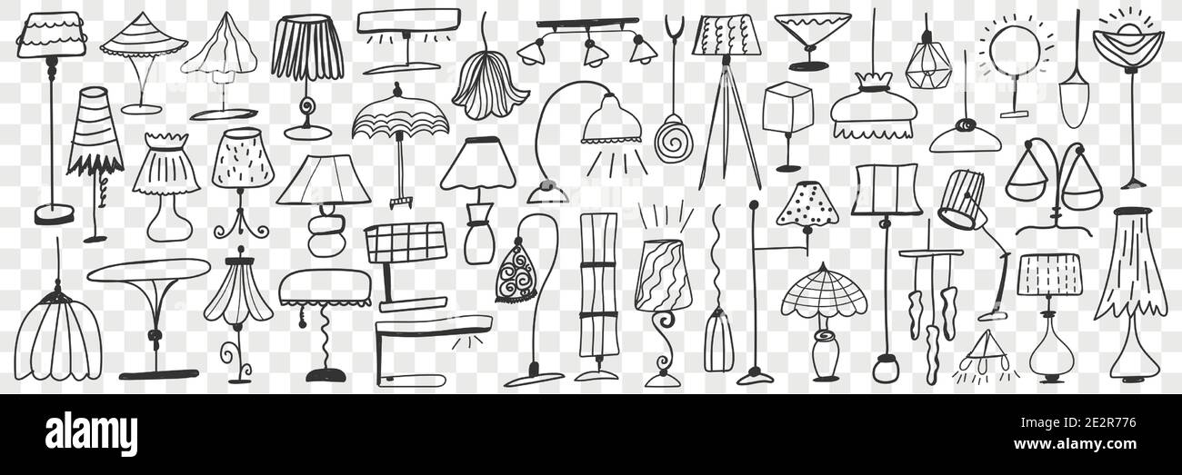 Lamps and floor lamps doodle set. Collection of hand drawn cute elegant ...