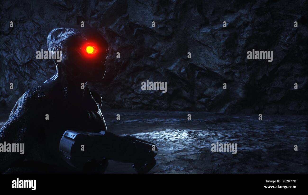 Alien, monster with gun in light portal. 3d rendering Stock Photo - Alamy