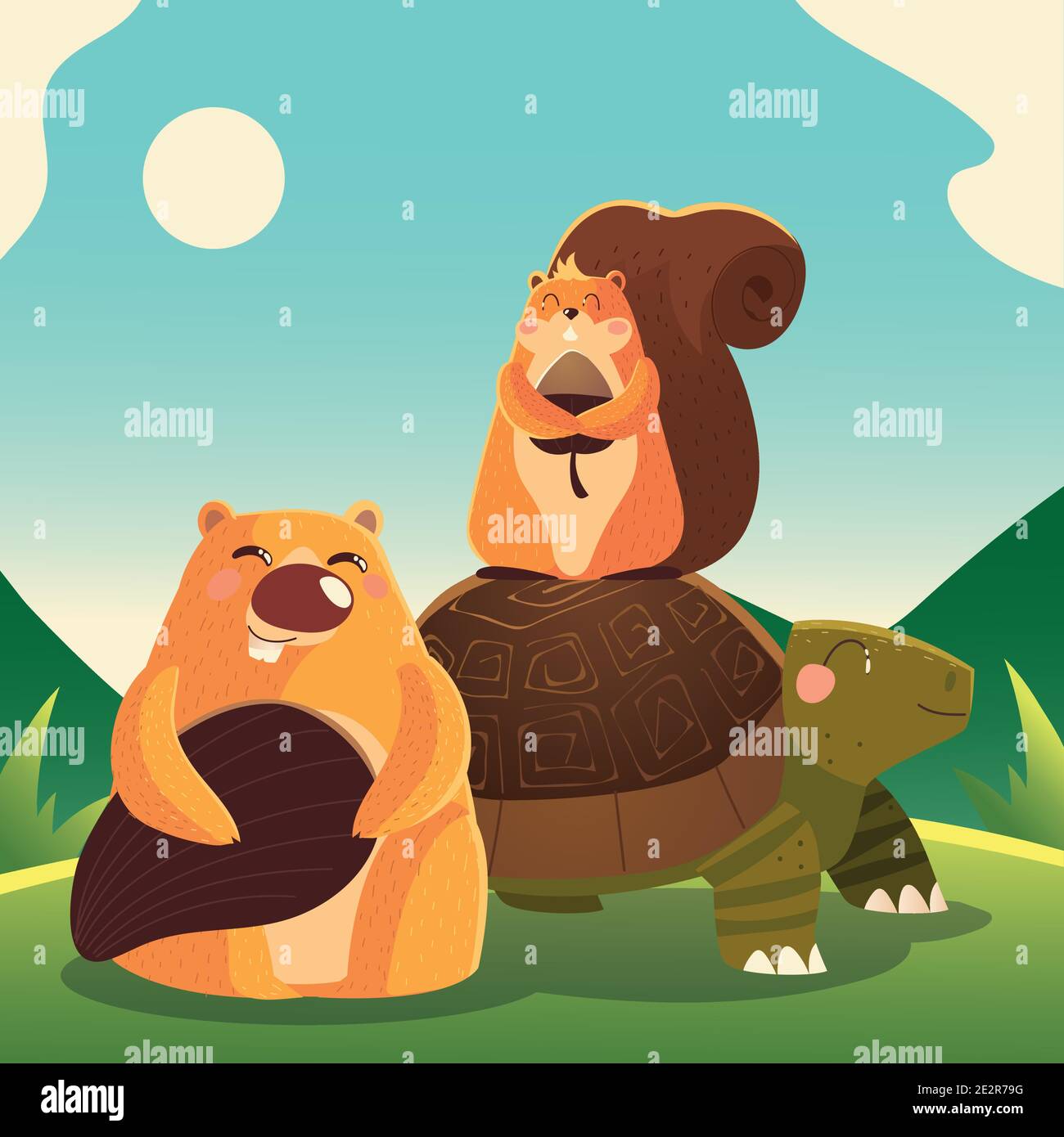 turtle squirrel and beaver in the grass cartoon animals vector ...