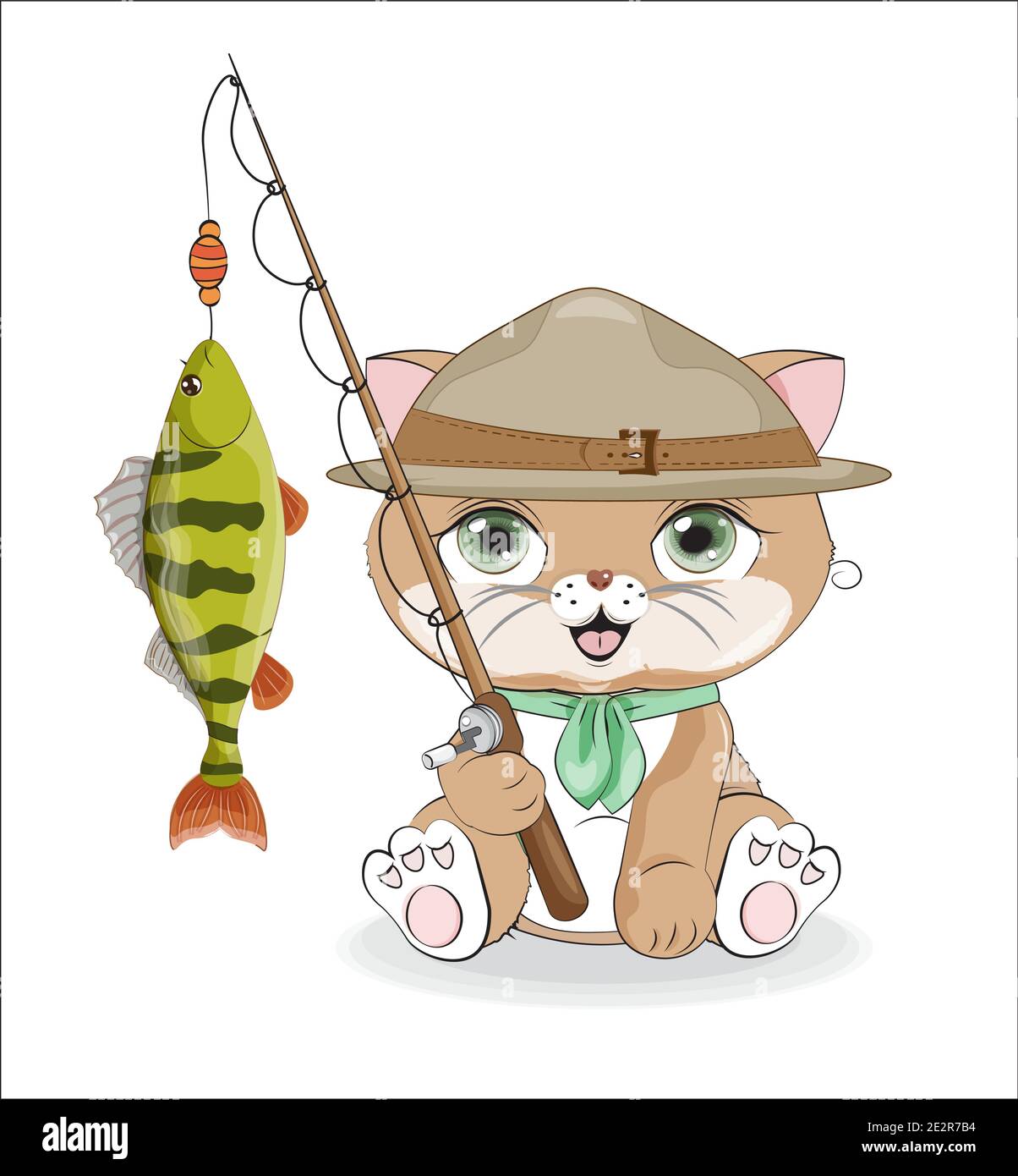 cat ilfisherman scout with perch on rod, picture in hand drawing ...