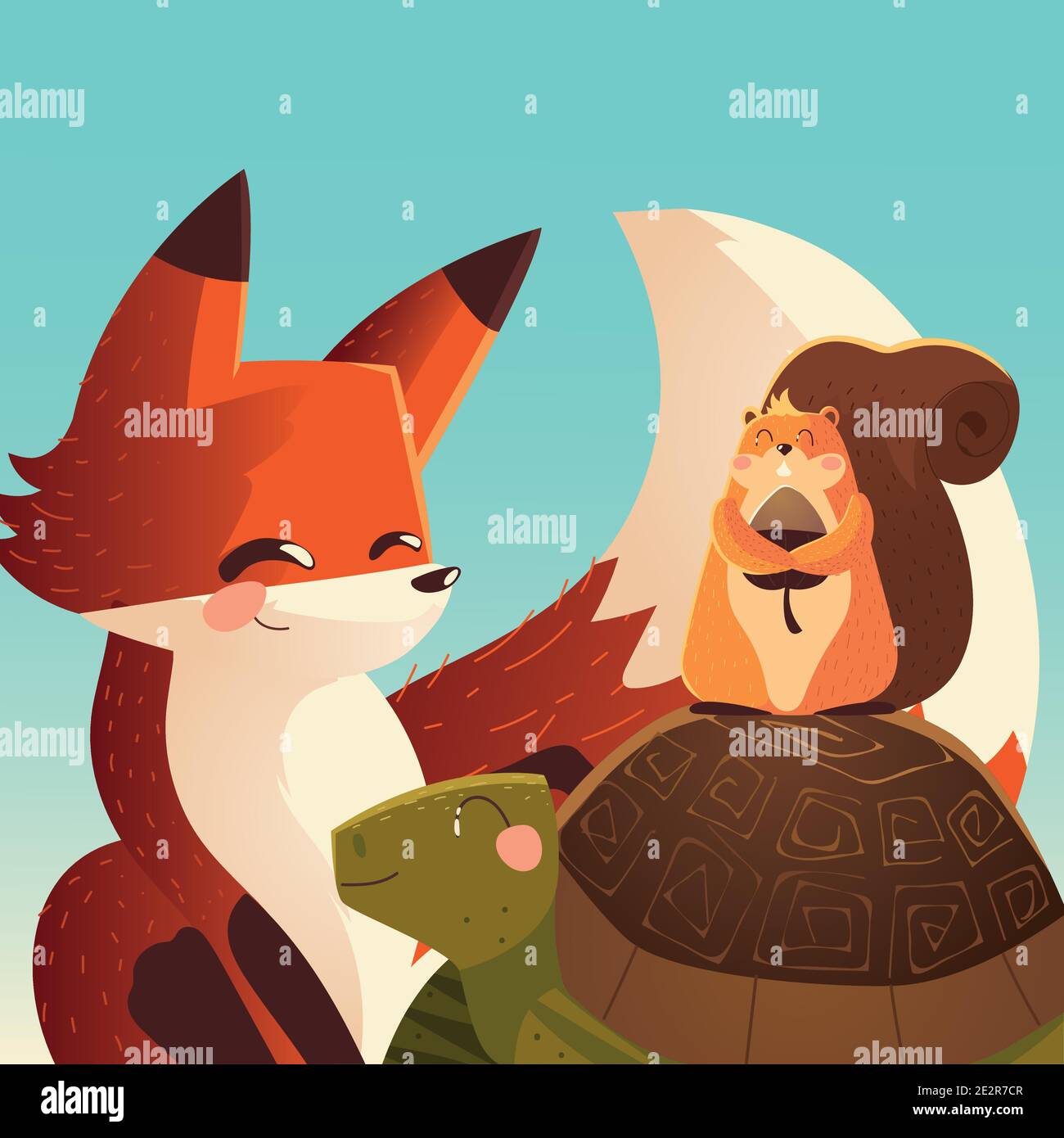 cartoon animals cute fox turtle with squirrel wildlife vector ...