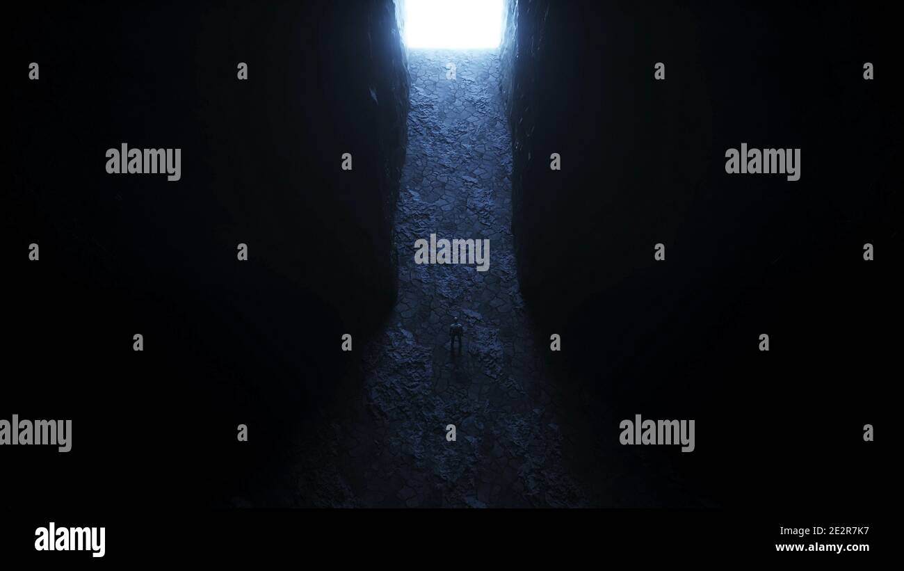 a lonely man stands in front of a light portal. 3d rendering Stock ...