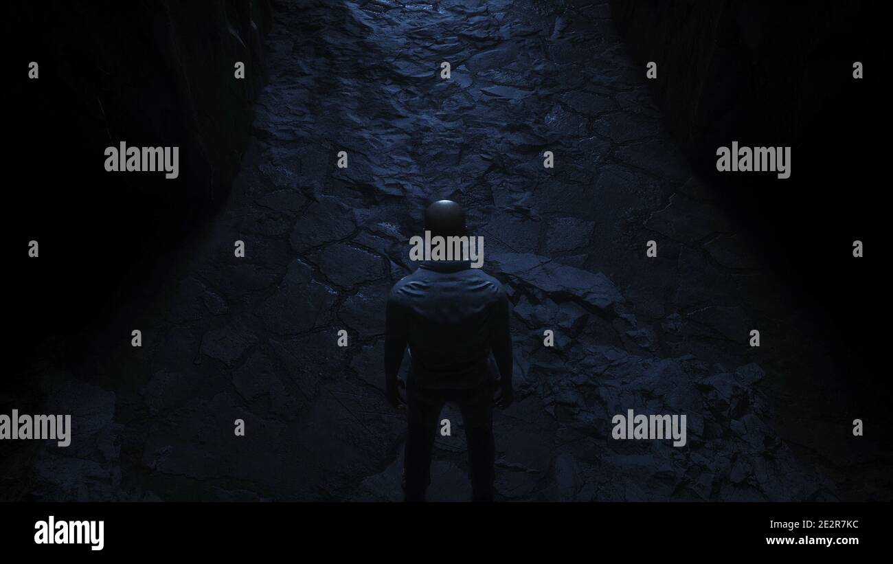 a lonely man stands in front of a light portal. 3d rendering Stock ...