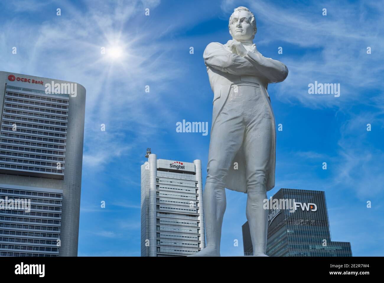 The landmark statue of Sir Thomas Stamford Raffles at Raffles' Landing Site at Boat Quay by the ...