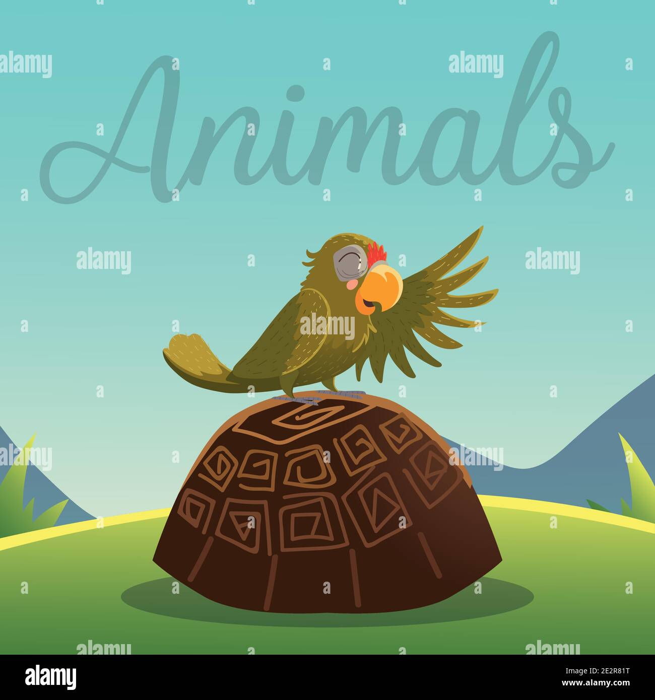 cartoon animals parrot on the turtle in grass nature vector ...