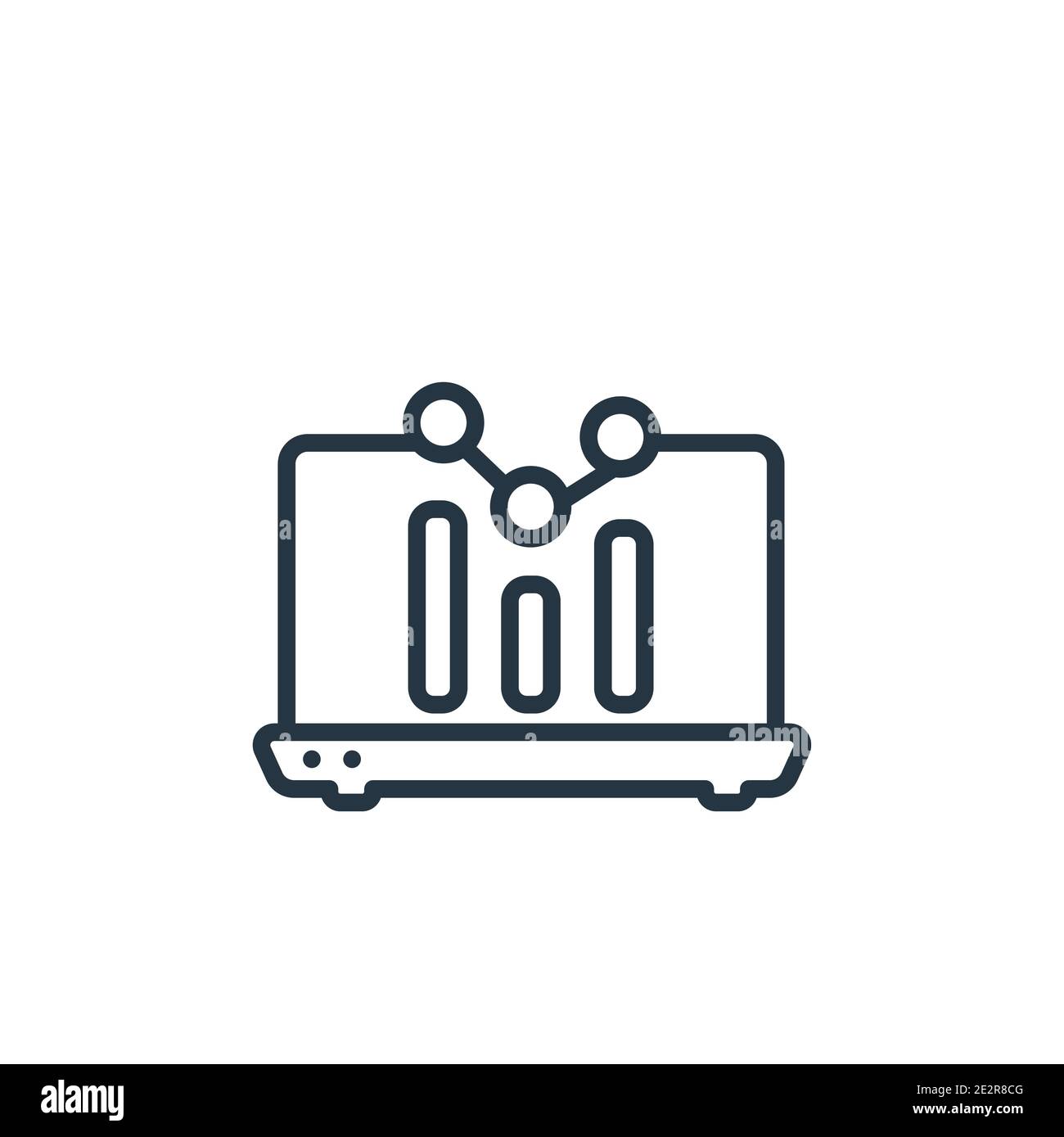Laptop data analytics graphic on screen with circles outline vector icon. Thin line black laptop ...