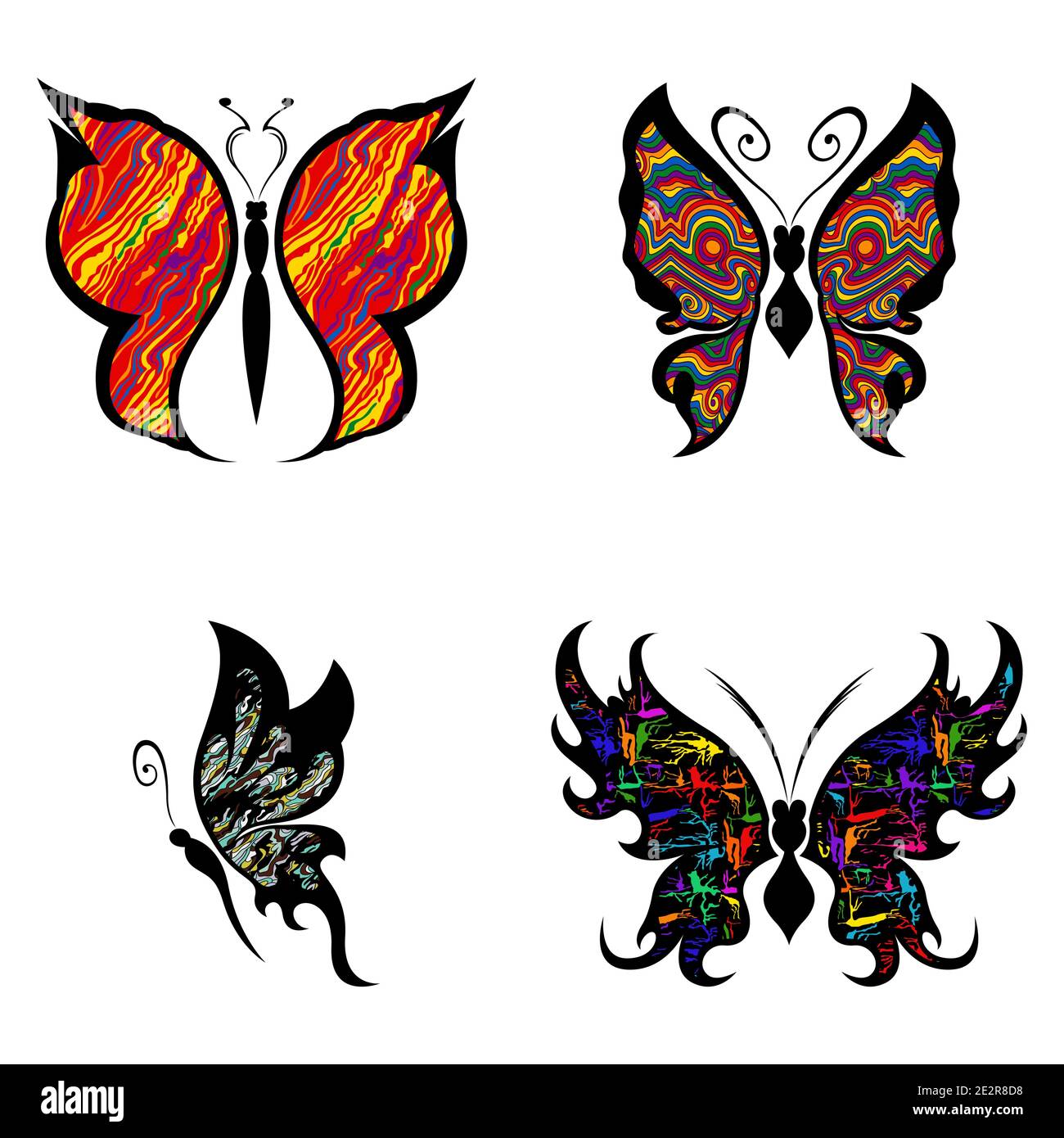 Set of four beautiful butterflies with multicolor elements isolated on ...