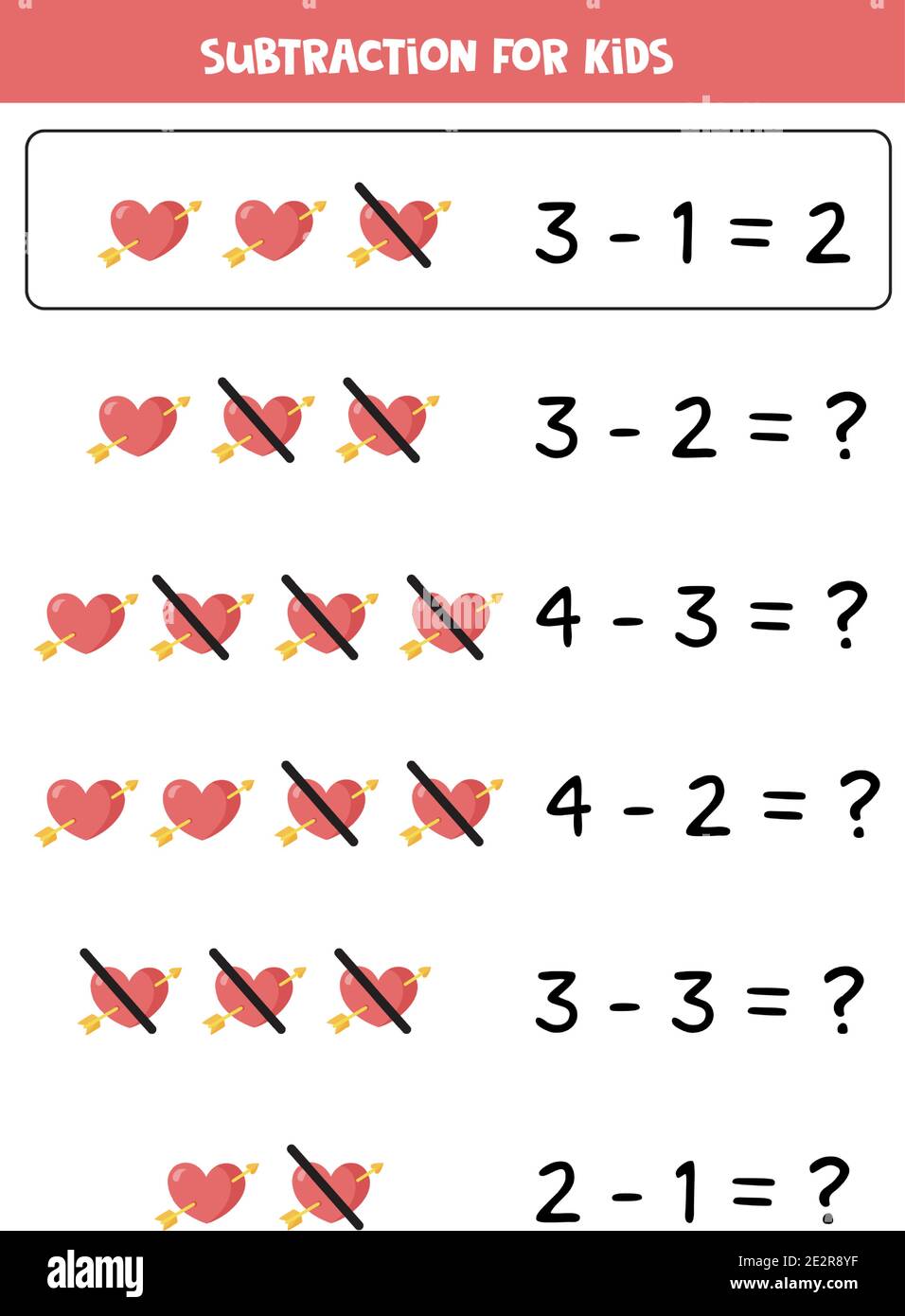 Subtraction with red heart with arrow. Educational math game for kids ...