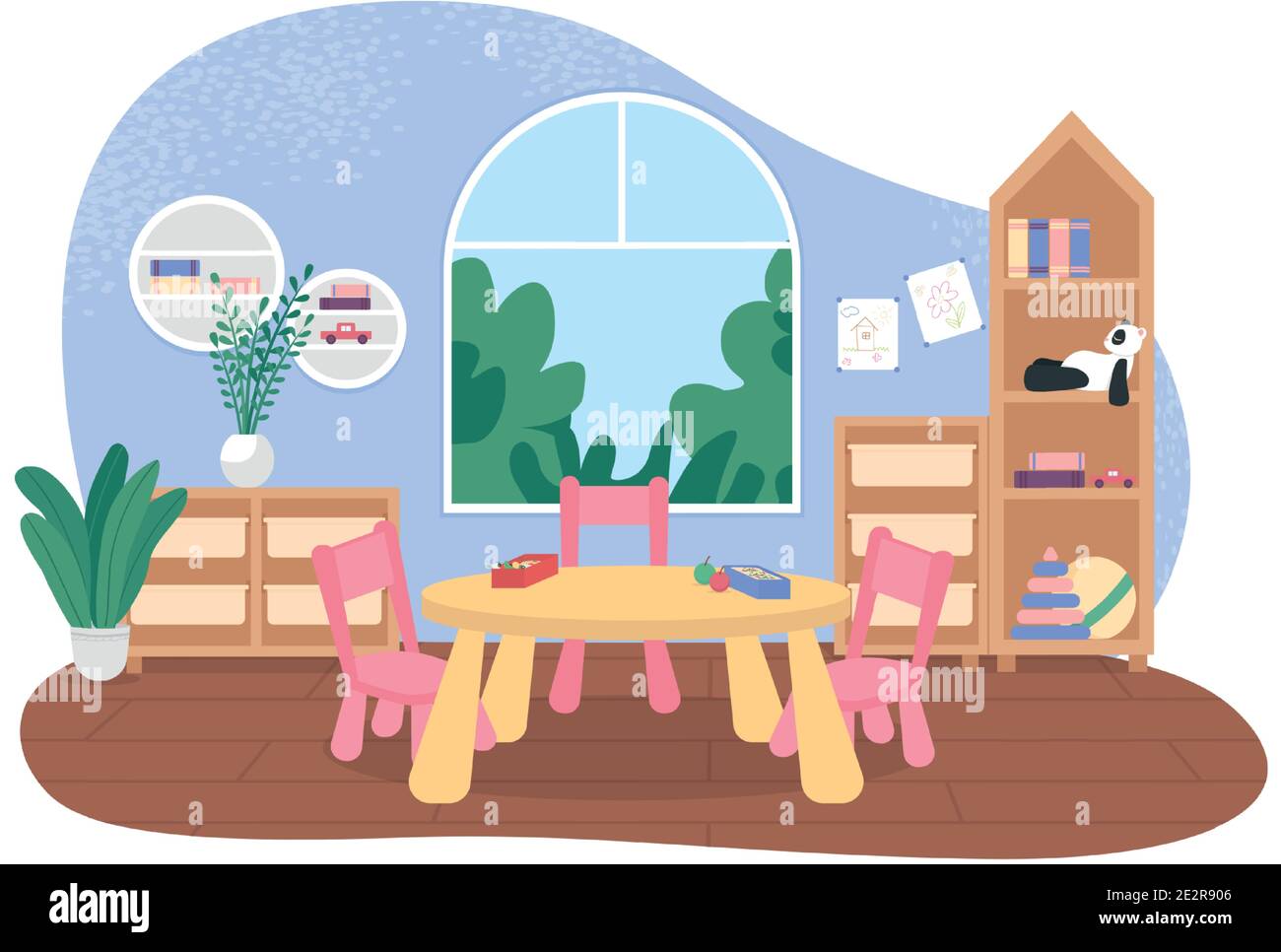 Kindergarten tables for mealtime 2D vector web banner, poster Stock ...