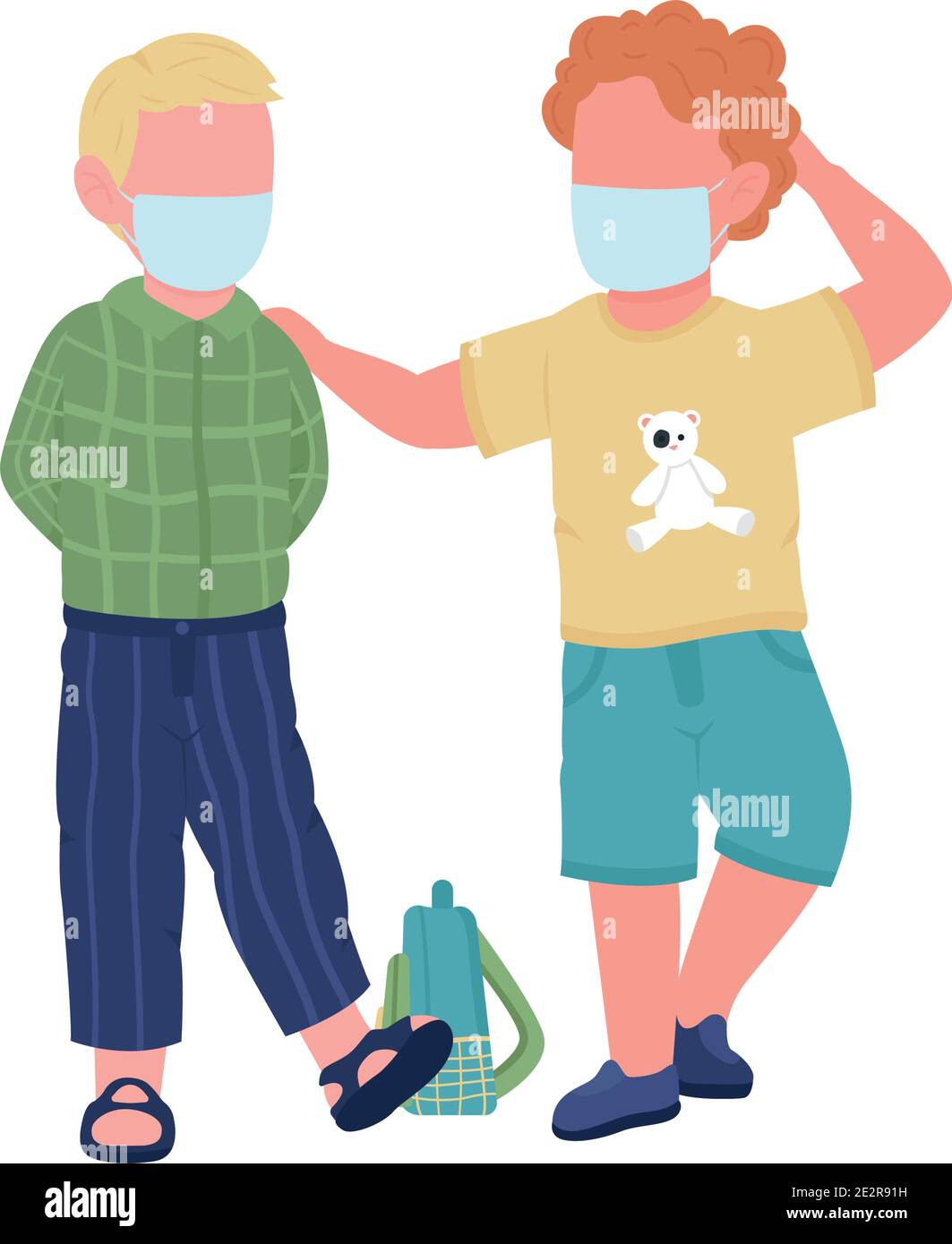 Preschool kids in face masks flat color vector faceless characters ...