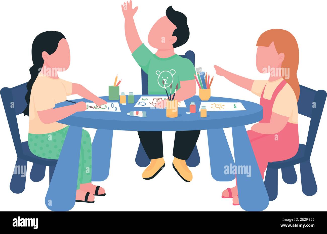 Kindergarten children during art class flat color vector faceless ...