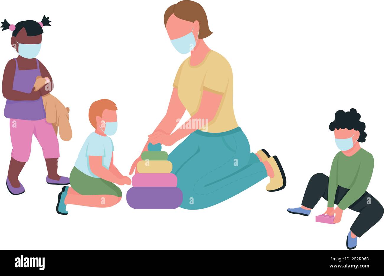 Teacher and kids in medical mask play together flat color vector ...