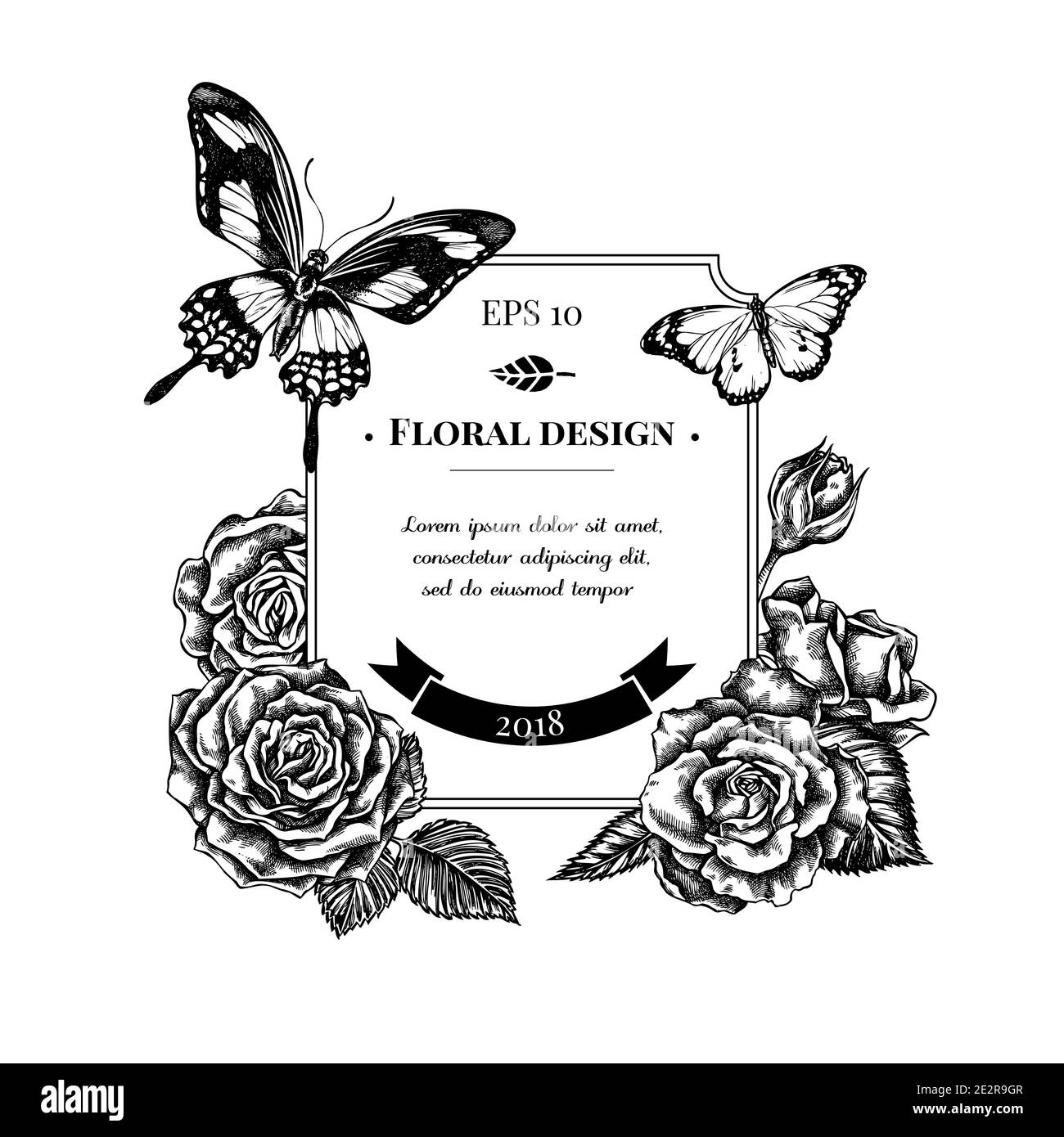 Badge design with black and white plain tiger, papilio torquatus, roses ...