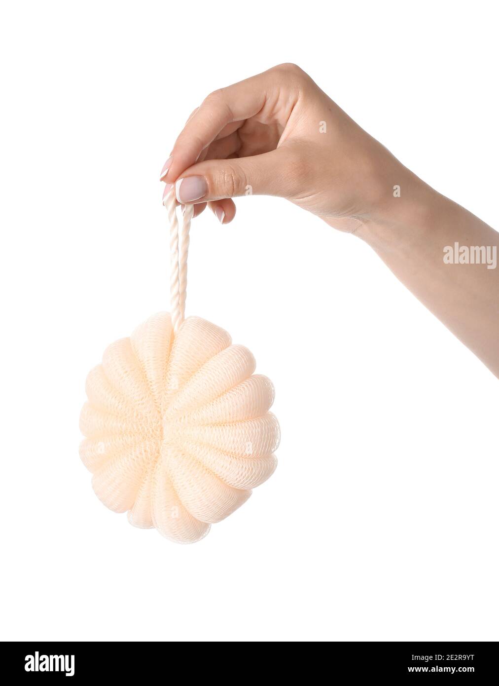 Female hand with loofah isolated on white background Stock Photo - Alamy