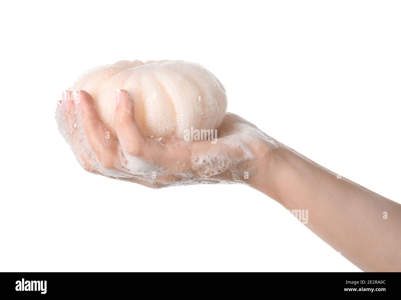 Female hand with loofah isolated on white background Stock Photo - Alamy