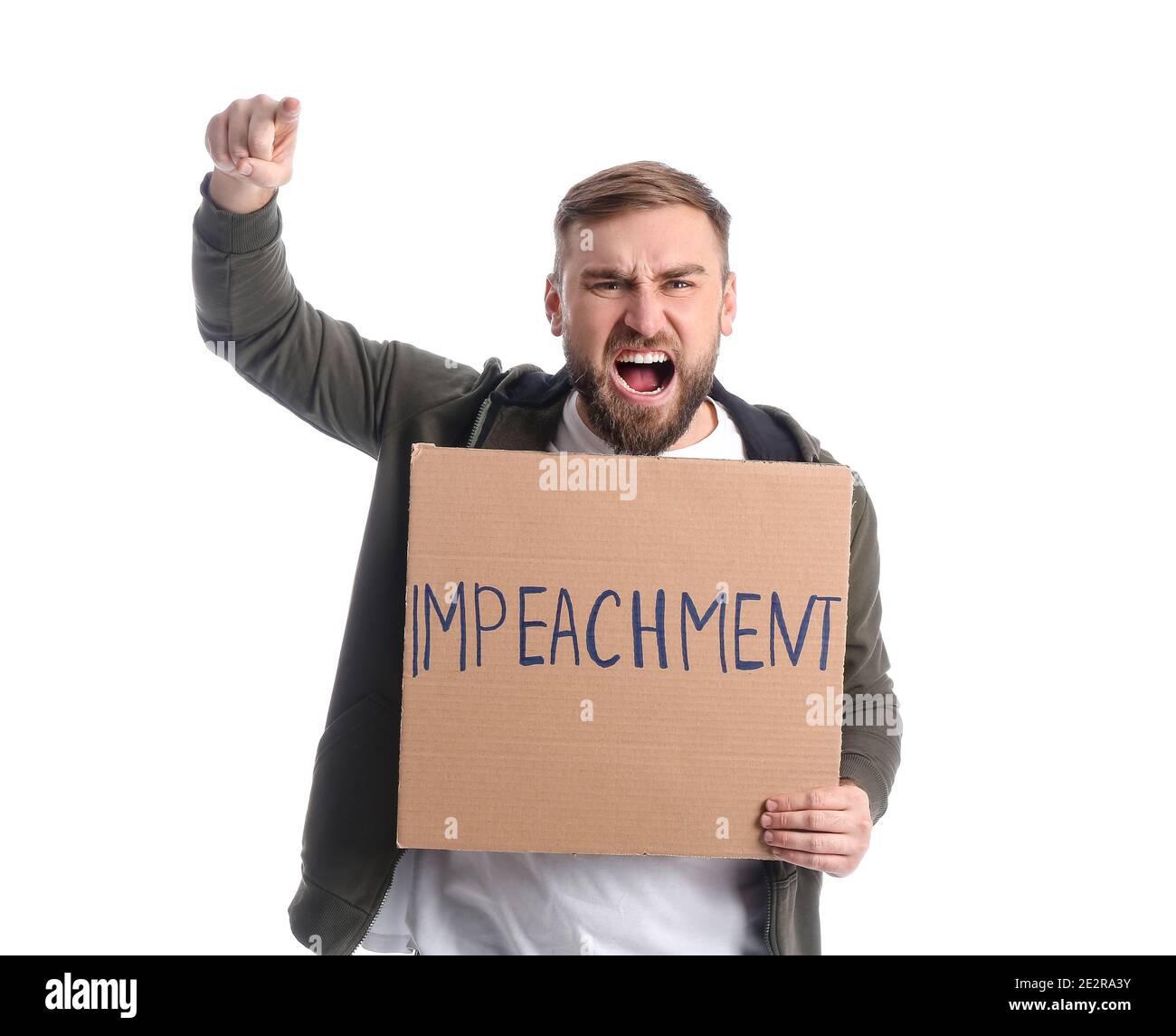 Protesting young man on white background. Impeachment concept Stock ...
