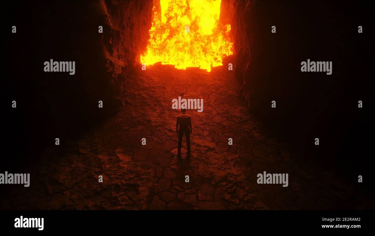 Sinner. A lonely sinfull man stands in front of a hell gates. Hell fire ...