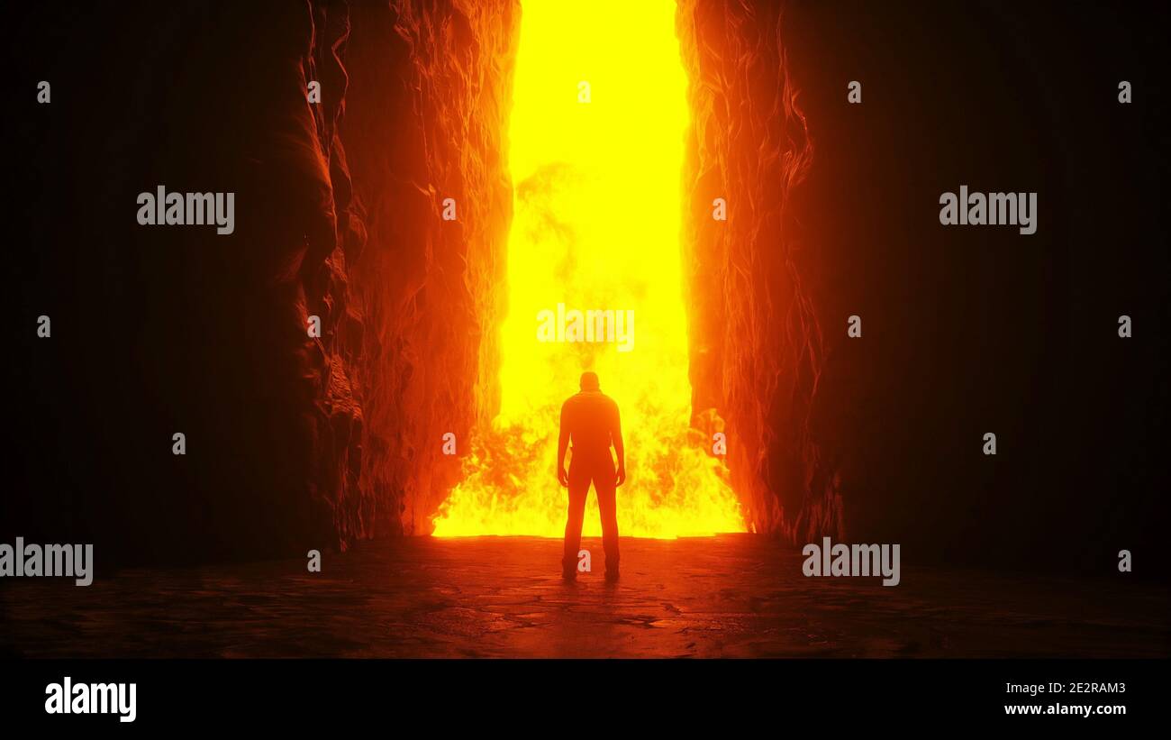 Sinner. A lonely sinfull man stands in front of a hell gates. Hell fire ...
