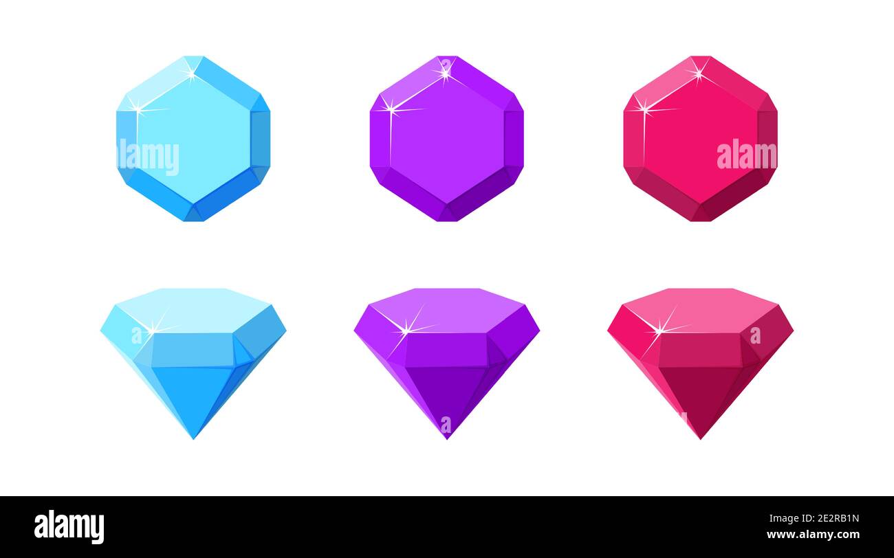 Hexagon colorful gemstones. Ruby, amethyst and diamond top and side ...